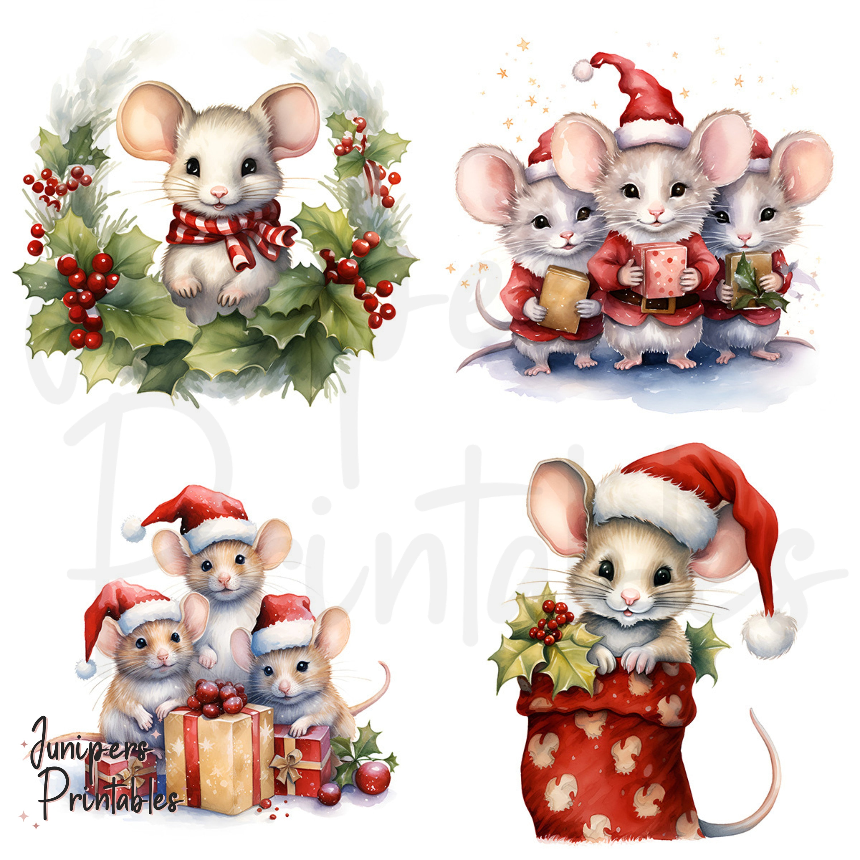 Watercolor Christmas Mice Clipart Bundle Cute Mouse Images - Etsy