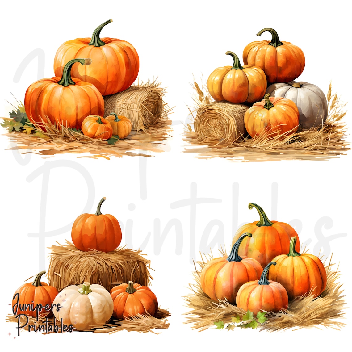 15 Fall Pumpkin & Hay Bale Clipart, High Quality Jpgs, Digital Download ...