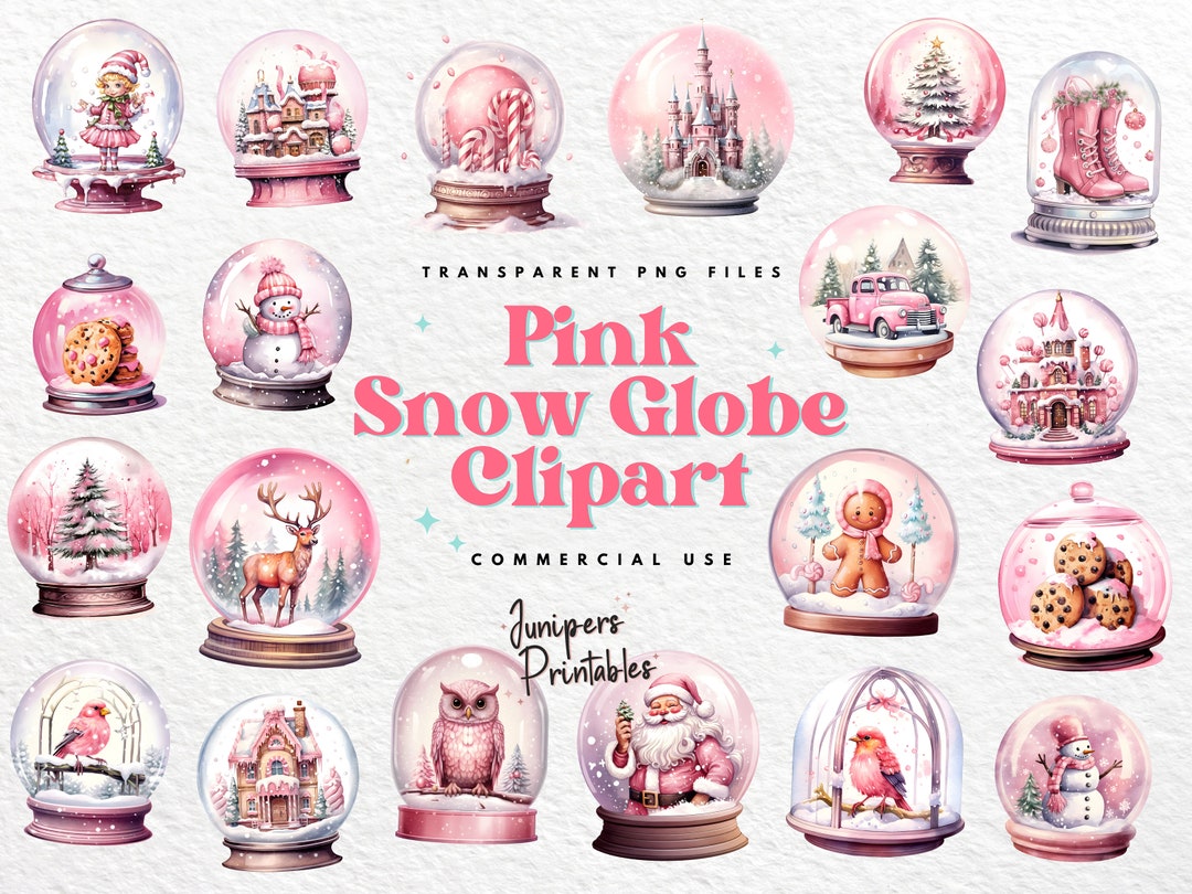 20 Pink Christmas Snow Globe Clipart, Cute Watercolor Holiday Clipart ...