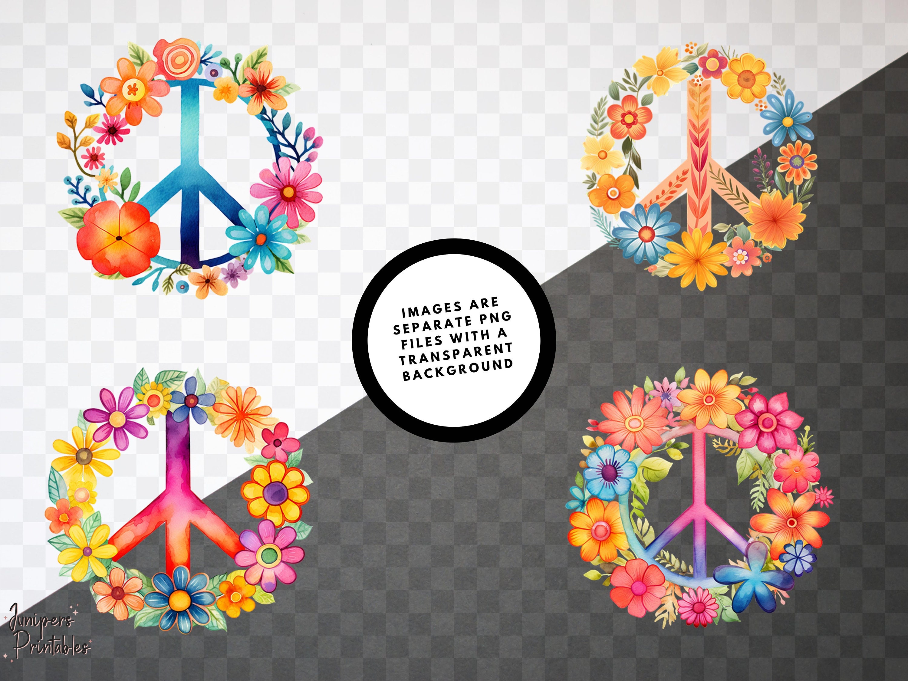20 Watercolor Flower Peace Sign PNG Clipart, Floral Hippie Clipart ...