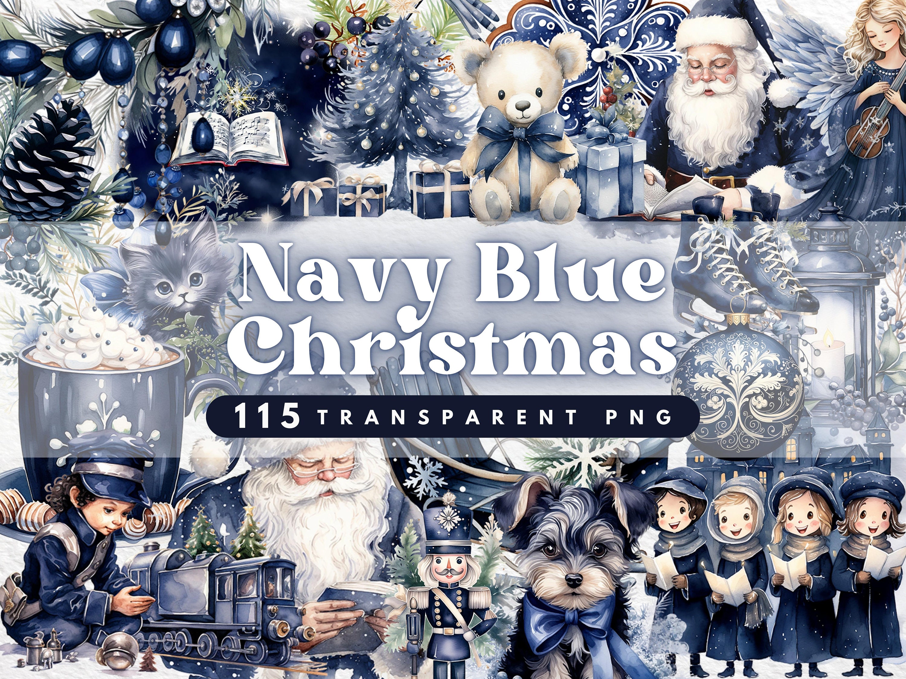 Retro Navy Blue Christmas Clipart Bundle, 115 High Quality Transparent ...