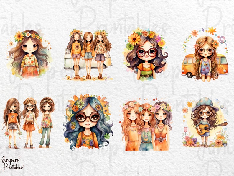 32 Watercolor Hippie Girls, PNG Clipart Bundle, Hippie Chicks Clipart ...