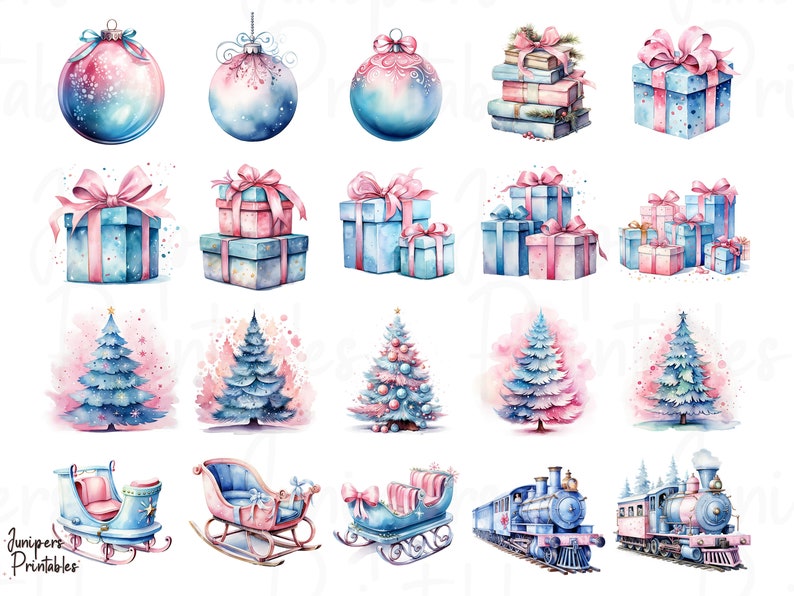 Pink and Blue Christmas Clipart Bundle, 100 High Quality Transparent ...