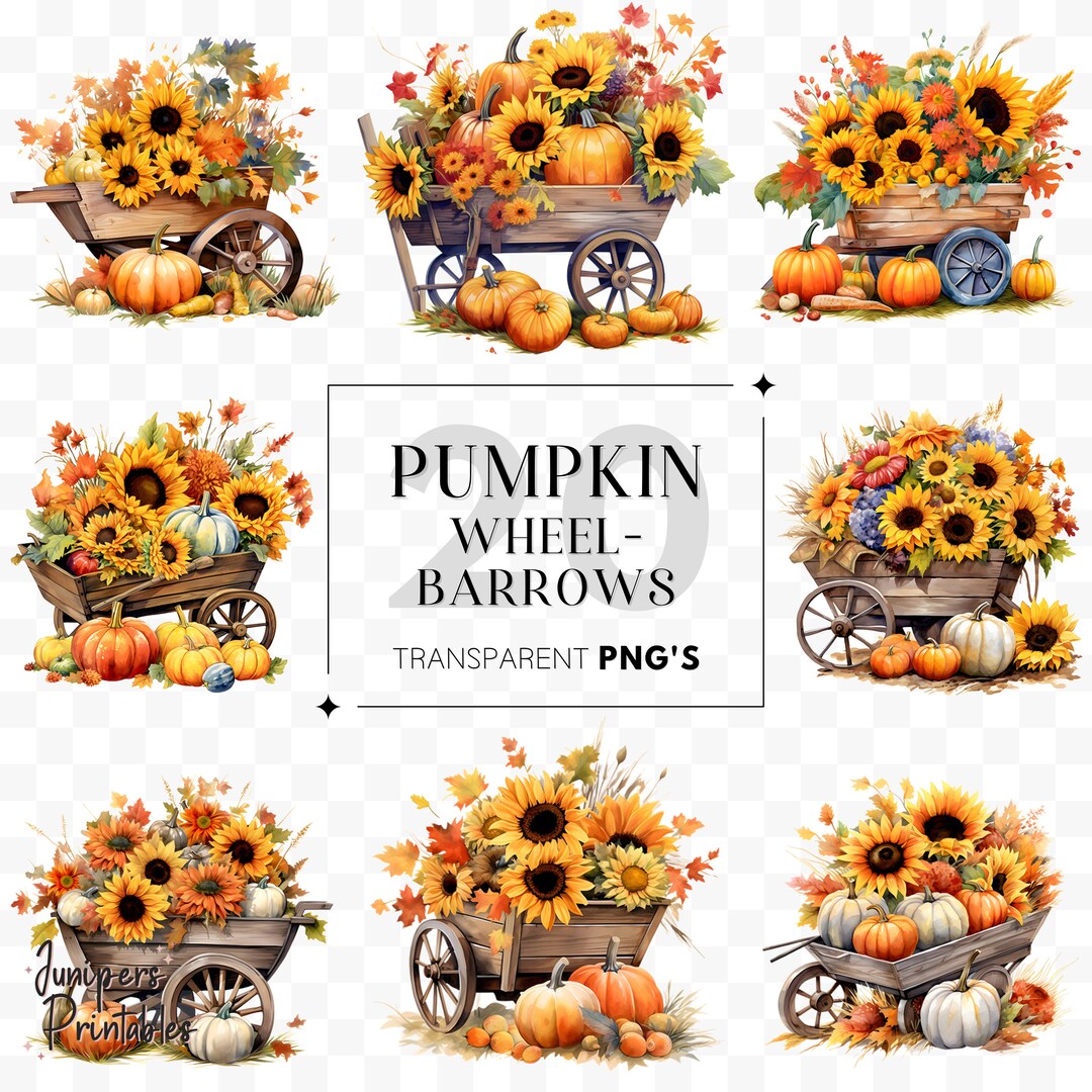 20 Fall Pumpkin Sunflower Wheelbarrow Clipart, High Quality Pngs ...