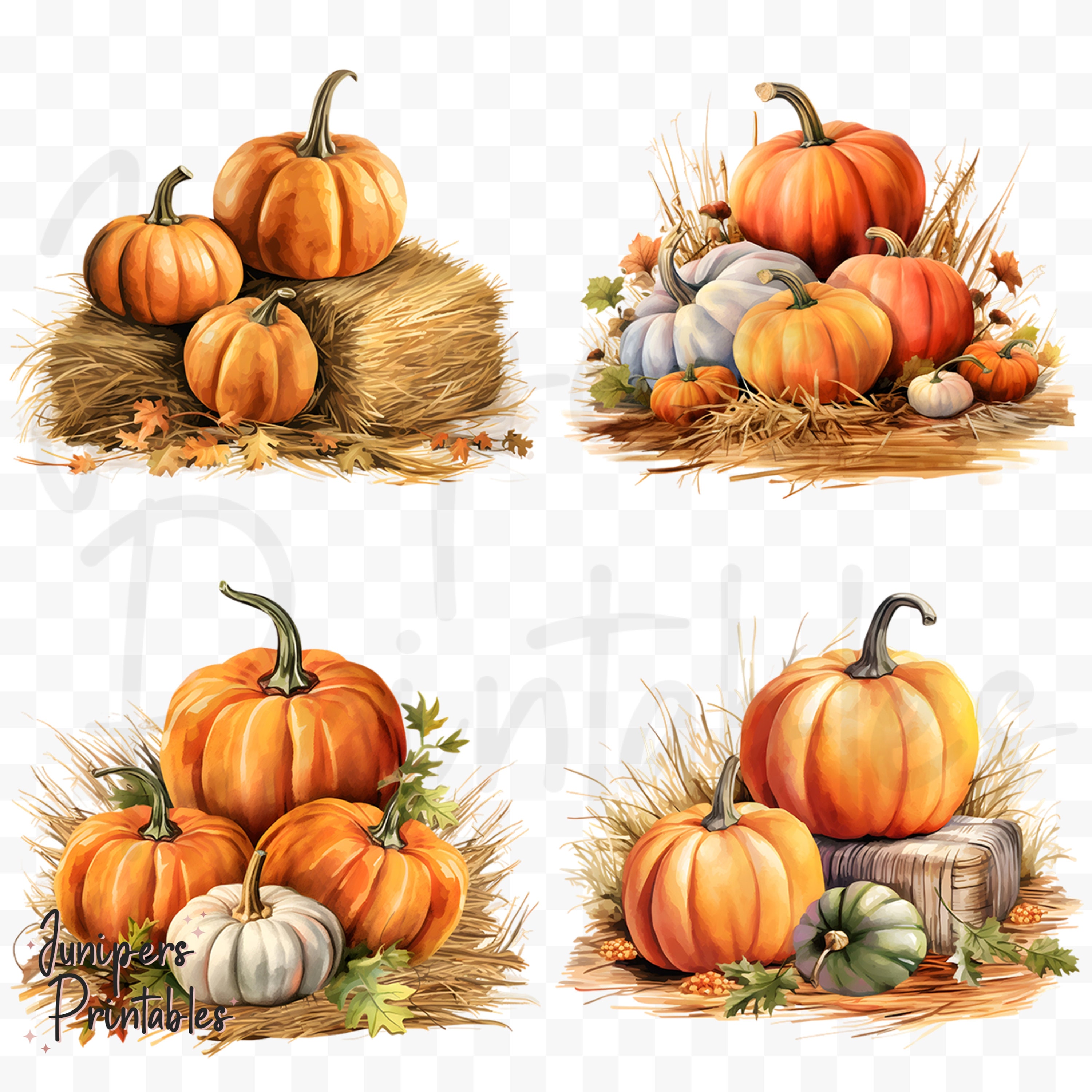 15 Fall Pumpkin & Hay Bale Clipart, High Quality Pngs, Digital Download ...