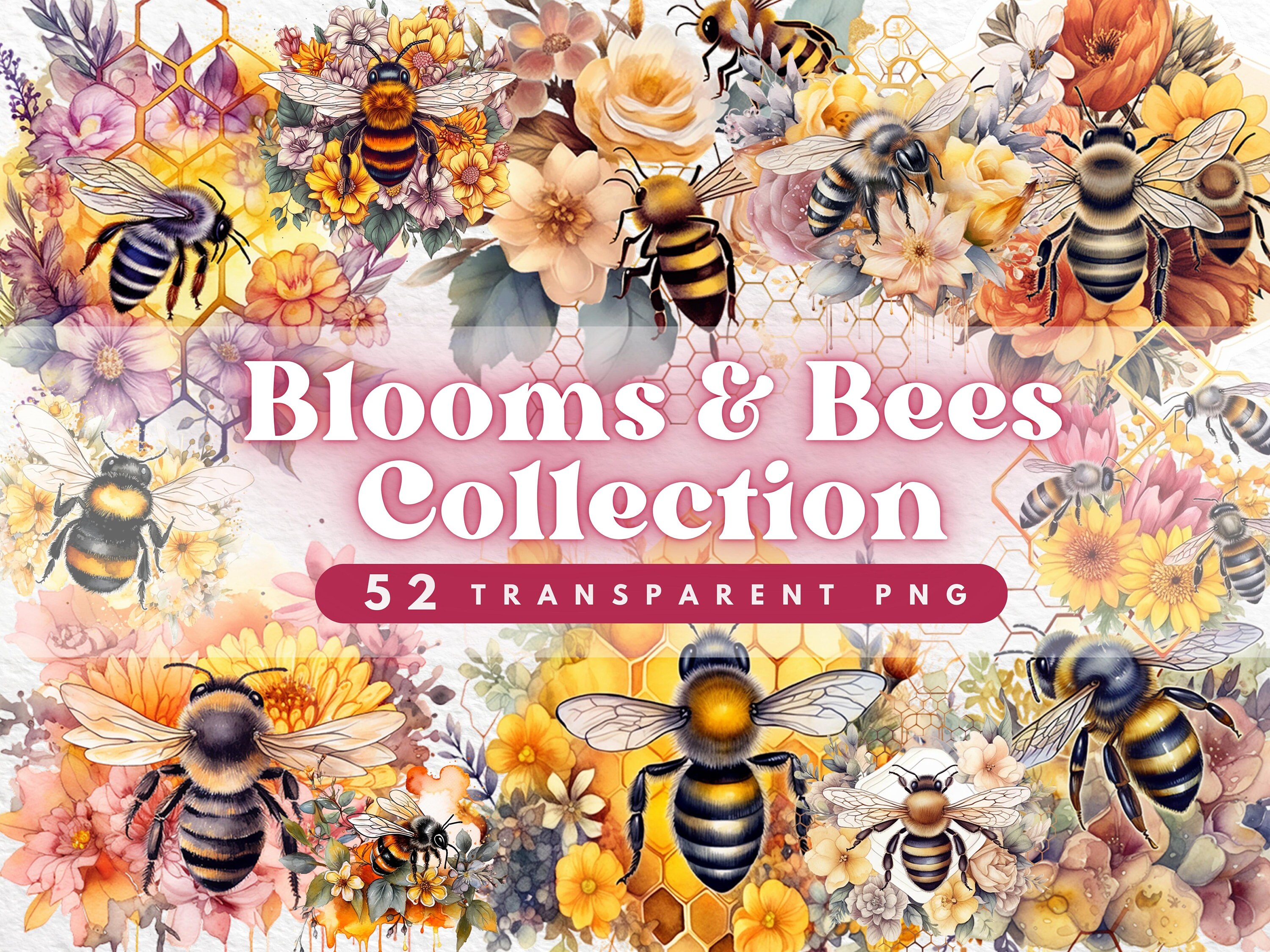 Bees and Blooms Clipart Bundle, 52 High Quality Transparent PNG for Commercial Use, Instant ...