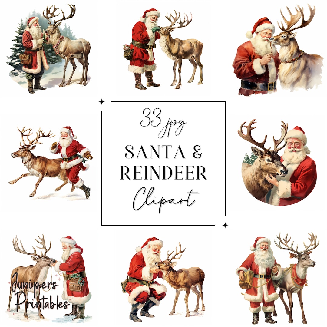33 Christmas Santa and Reindeer Clipart, High Quality Jpgs, Digital ...