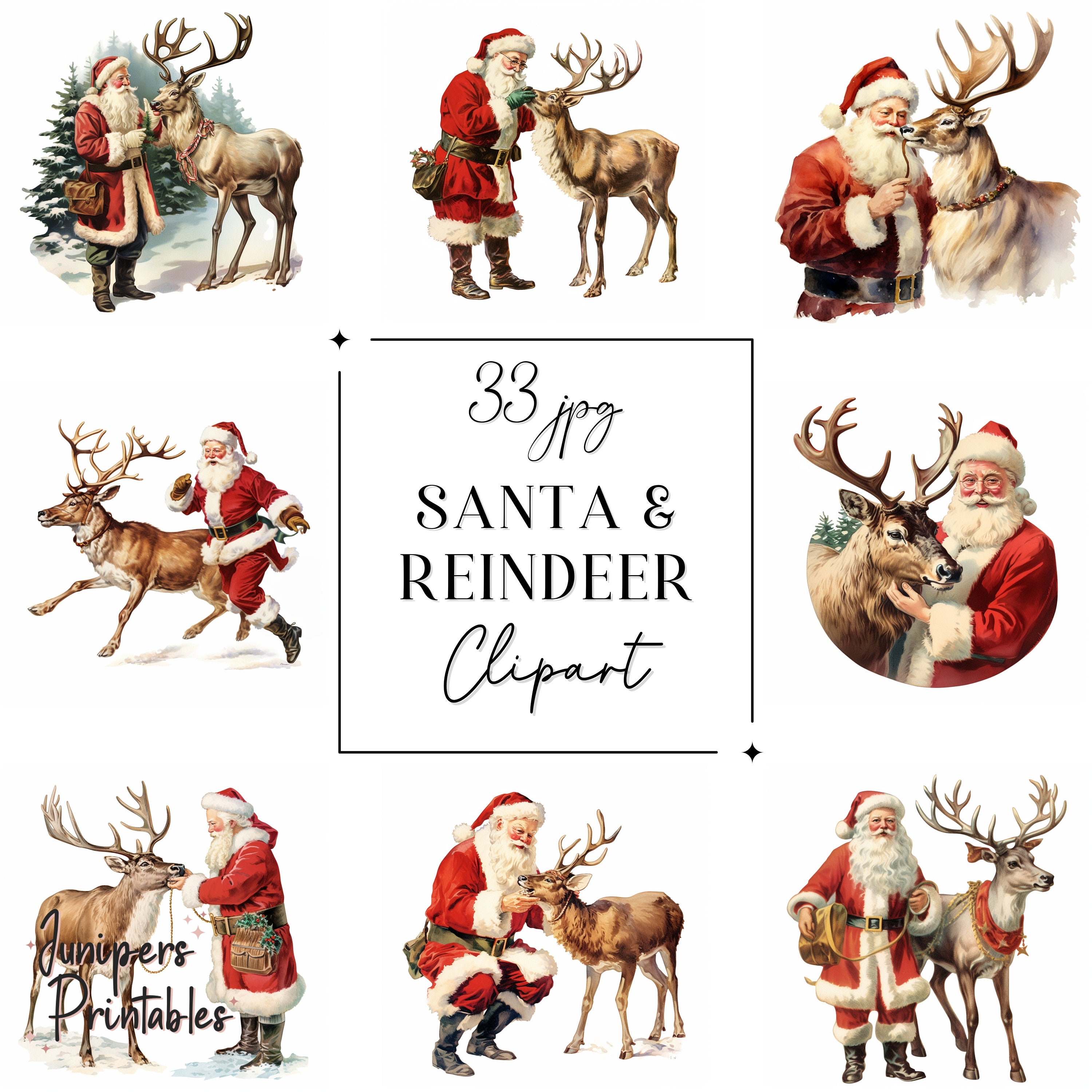 33 Christmas Santa and Reindeer Clipart, High Quality Jpgs, Digital ...