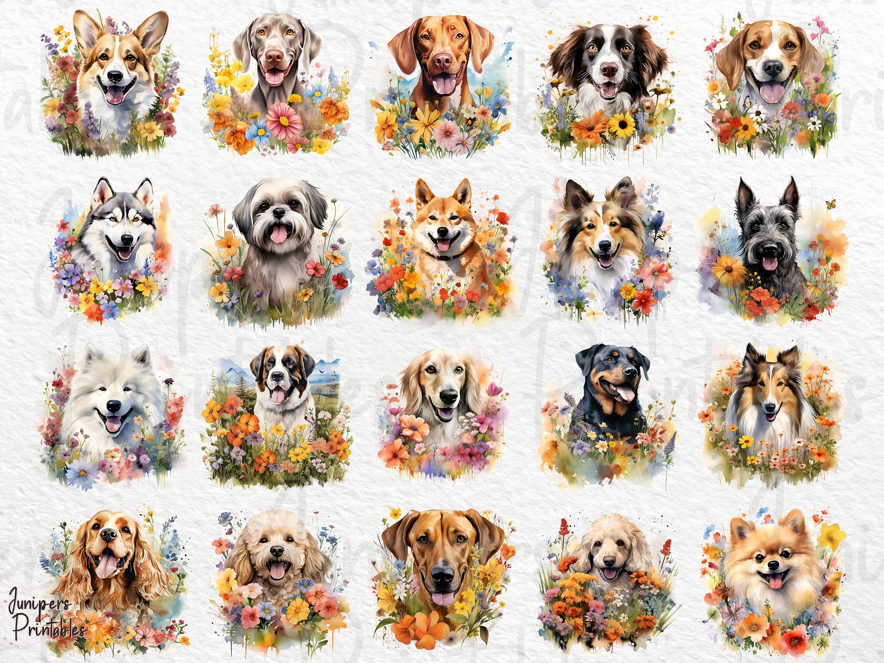 100 Watercolor Dog Breeds With Flowers MEGA BUNDLE High Quality PNG 300 ...