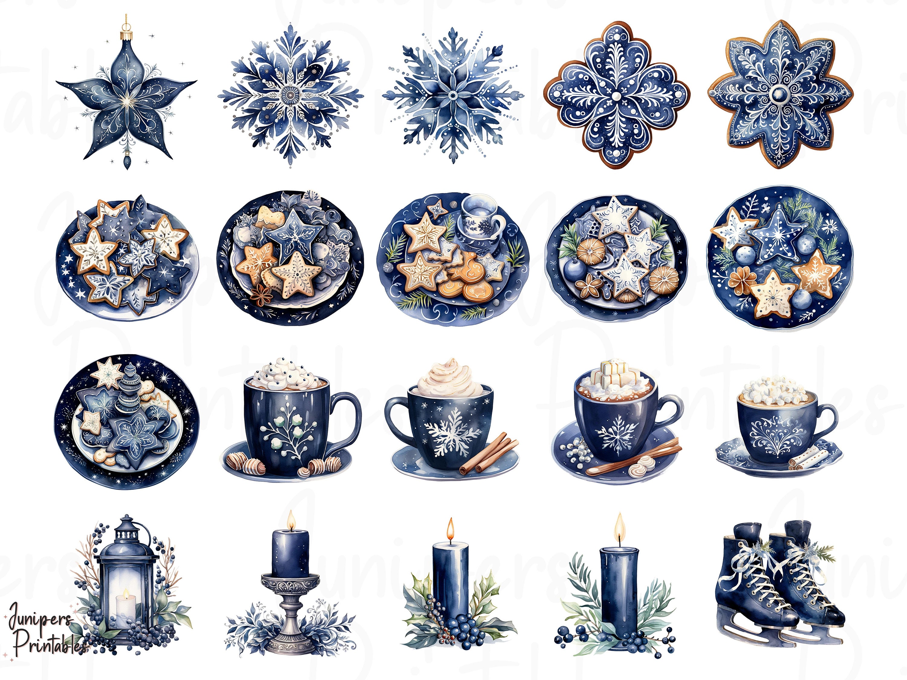 Retro Navy Blue Christmas Clipart Bundle, 115 High Quality Transparent ...