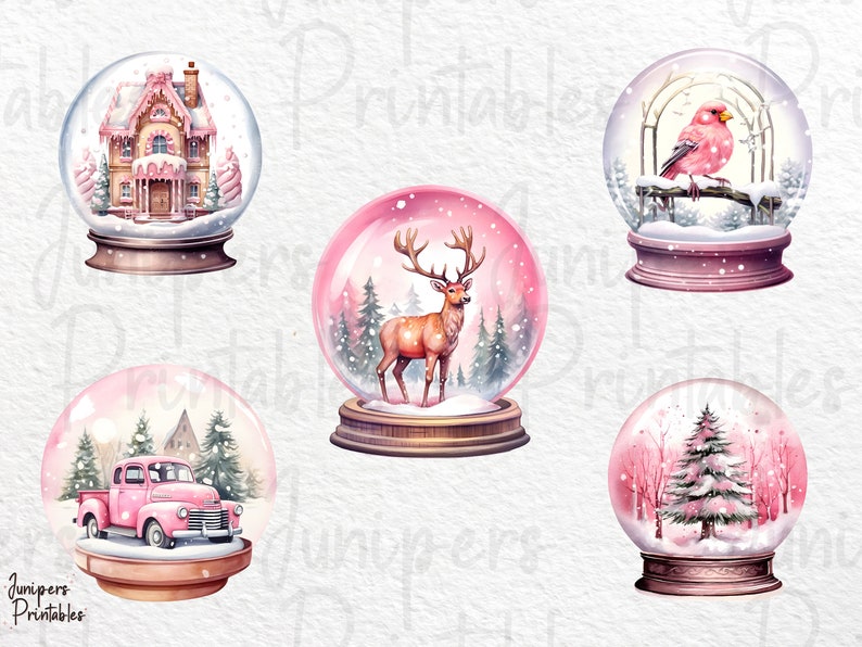 20 Pink Christmas Snow Globe Clipart, Cute Watercolor Holiday Clipart ...