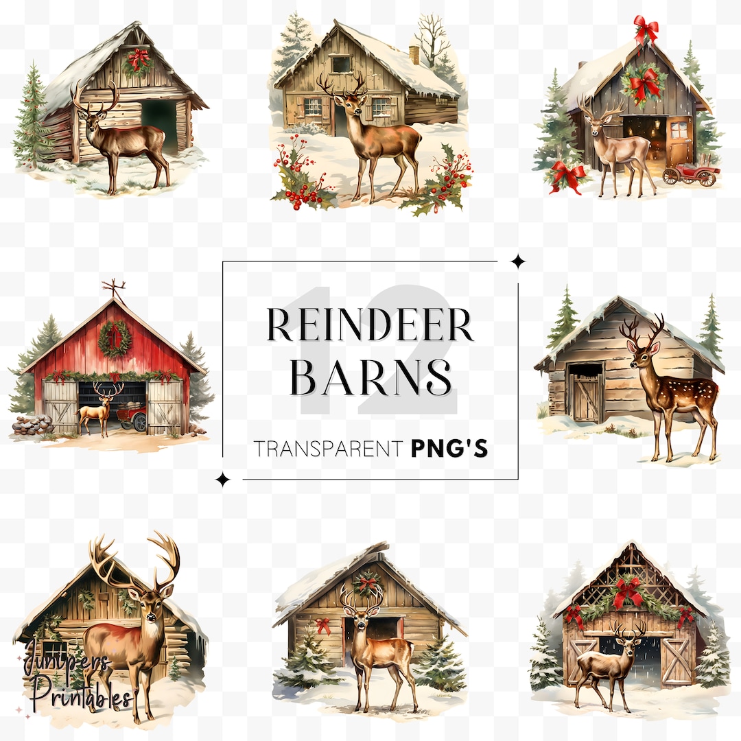 12 Christmas Reindeer Barn Clipart, High Quality PNG, Digital Download ...