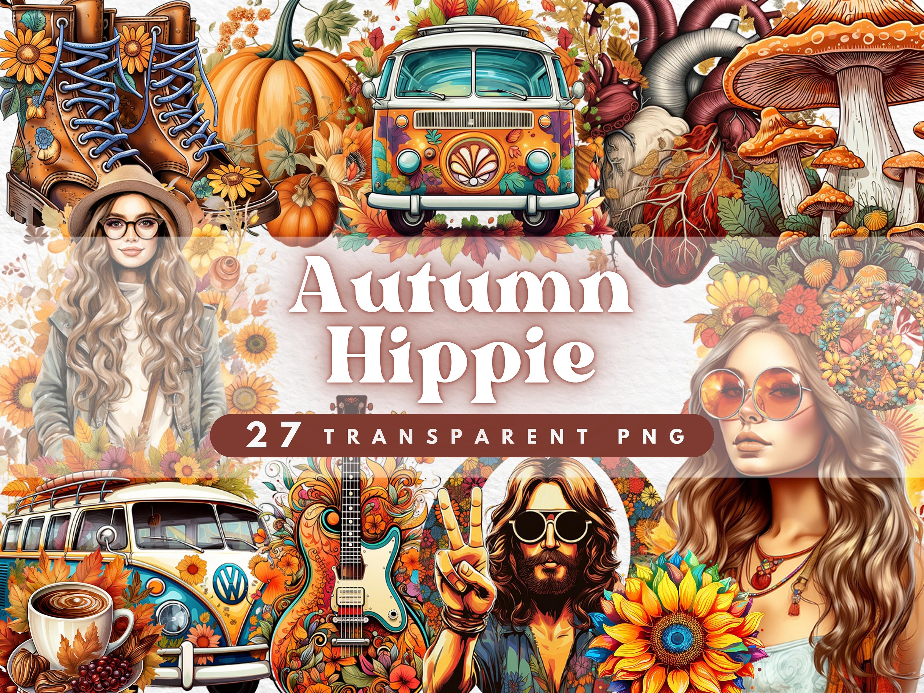 Autumn Hippie Clipart Bundle, 27 High Quality Transparent PNG for ...