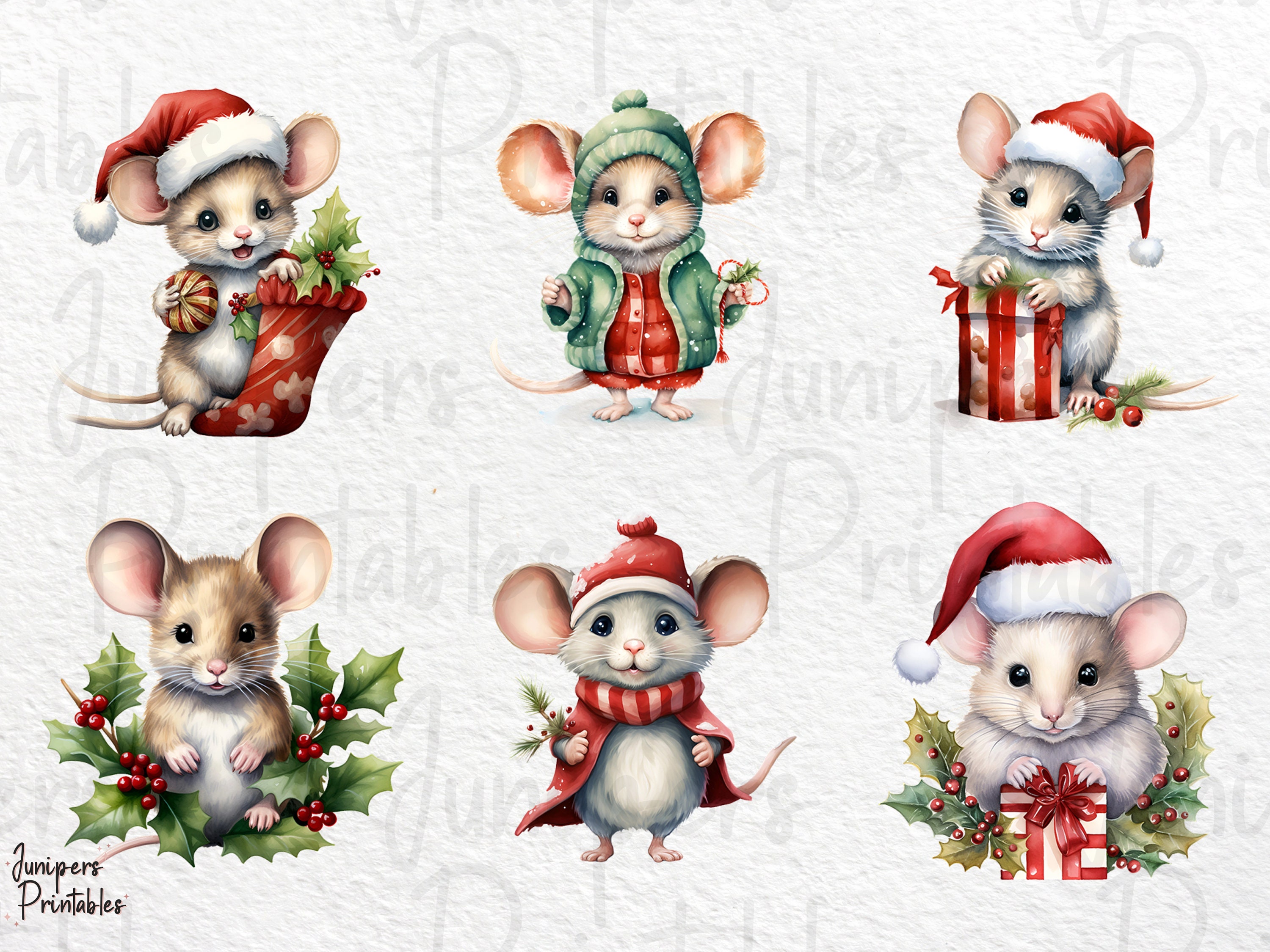 Watercolor Christmas Mice Clipart Bundle 20 High Quality PNG, Cute ...