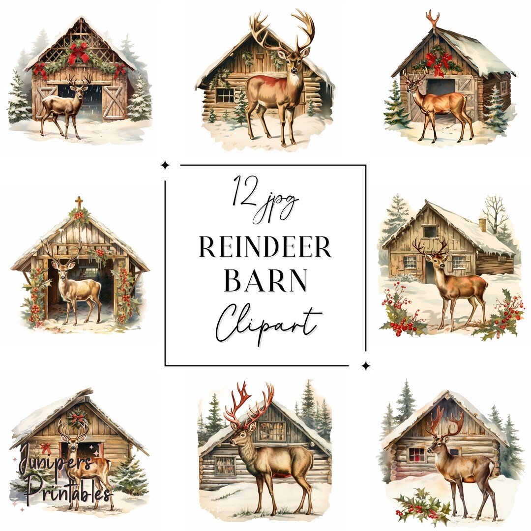 12 Christmas Reindeer Barn Clipart, High Quality Jpgs, Digital Download ...