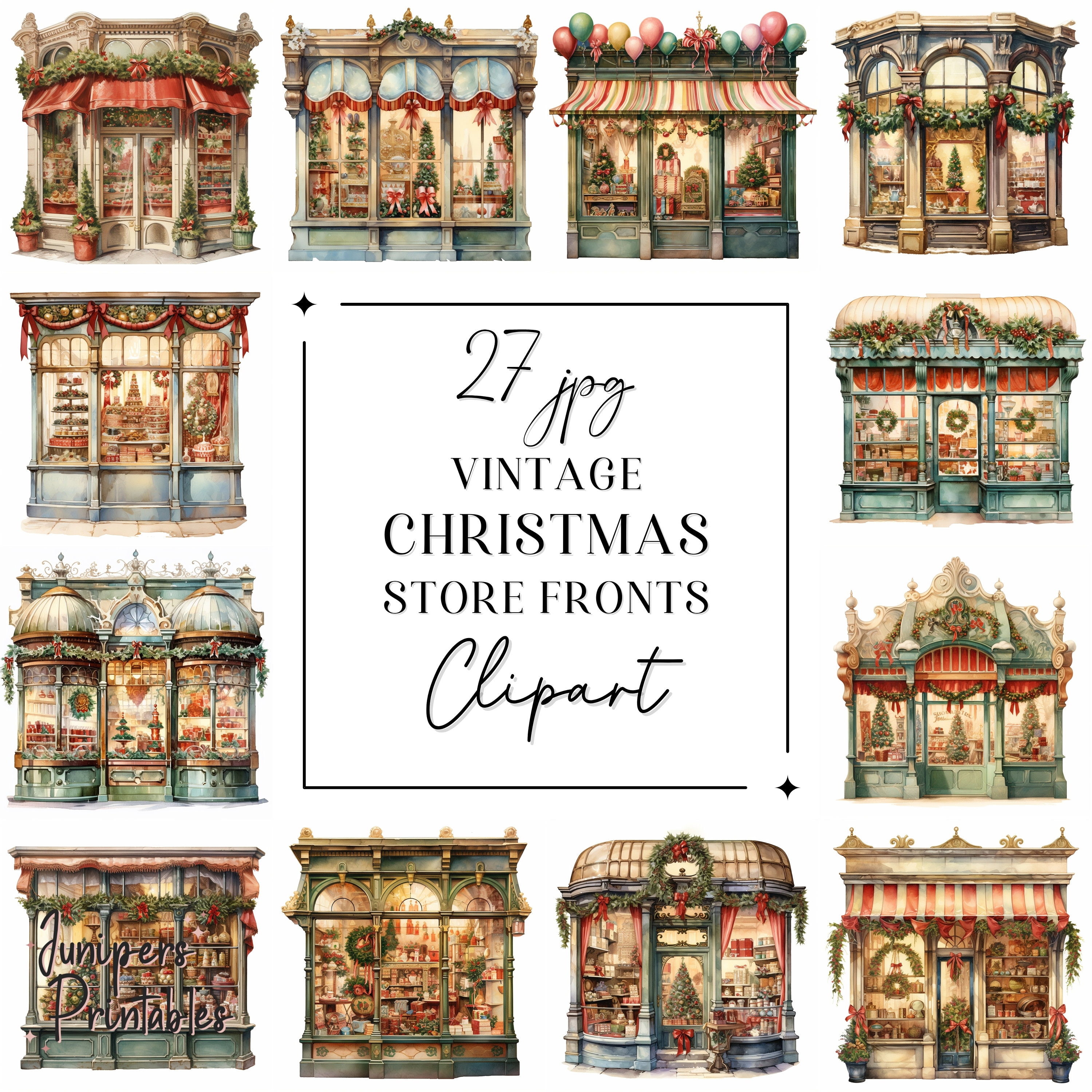 27 Vintage Christmas Store Front Clipart, High Quality Jpgs, Digital ...