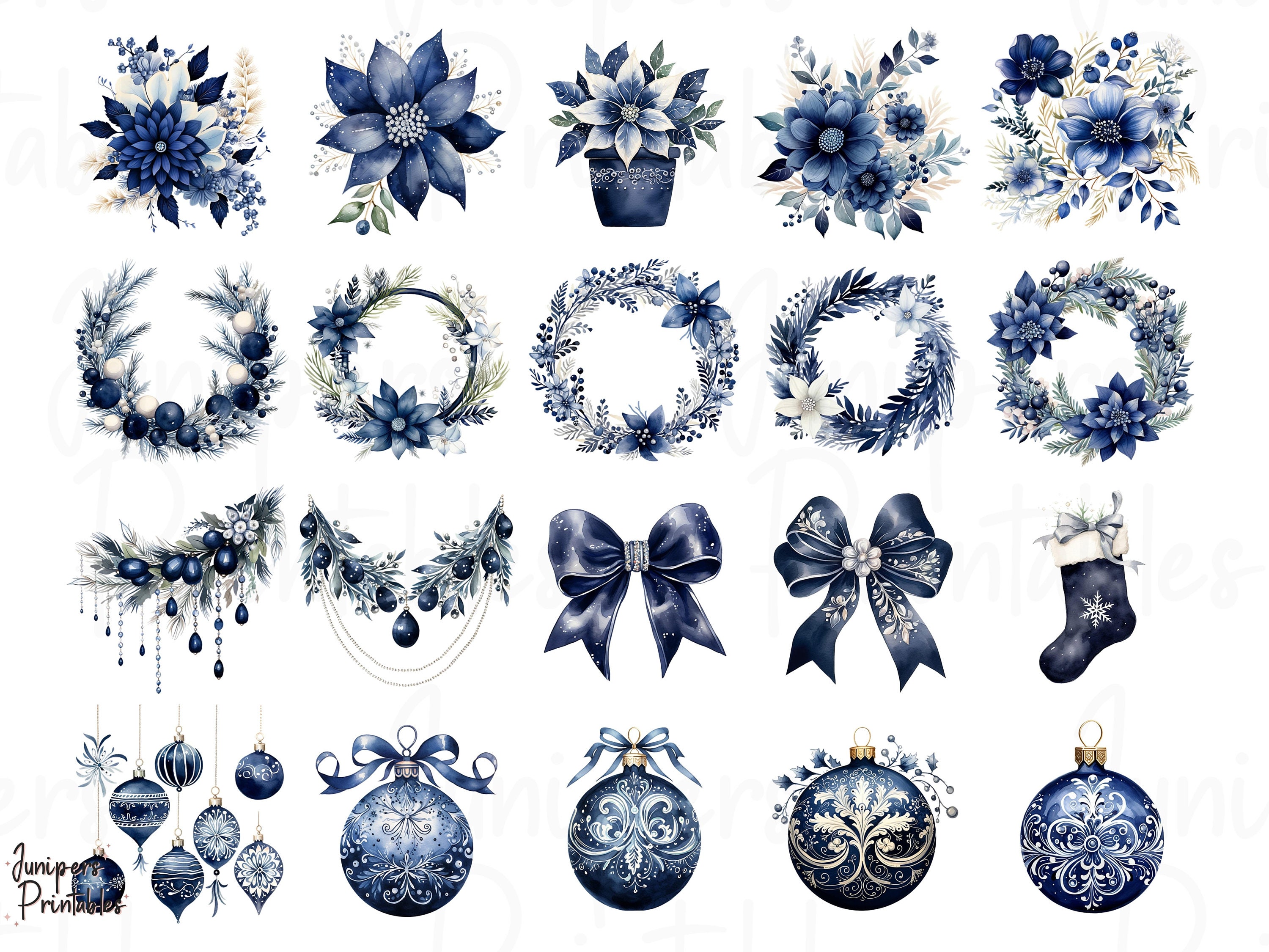 Retro Navy Blue Christmas Clipart Bundle, 115 High Quality Transparent ...