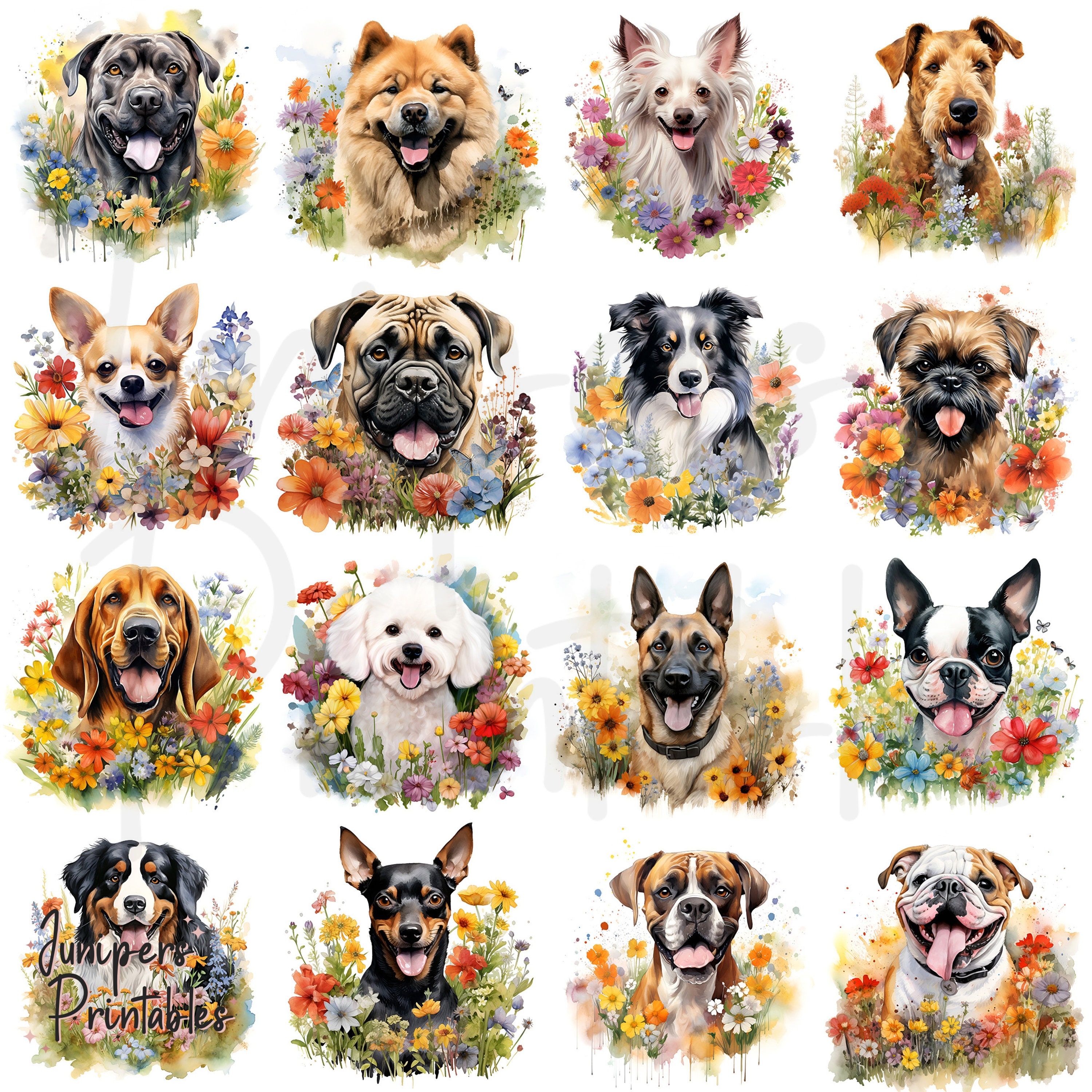 100 Watercolor Dog Breeds With Flowers MEGA BUNDLE Dog - Etsy