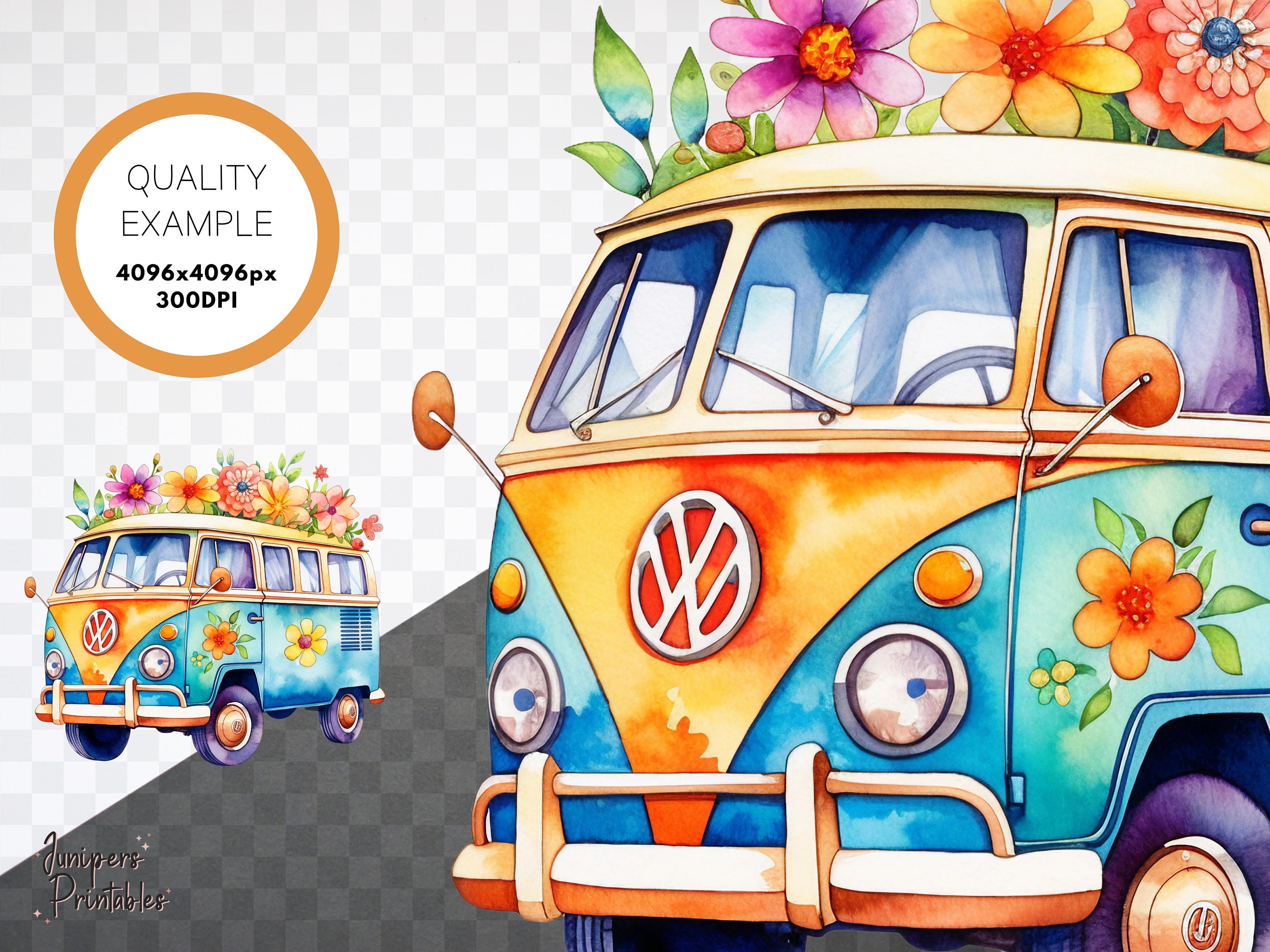 25 Watercolor Vintage Hippie Bus Clipart Bundle, VW Bus Clipart, Flower ...