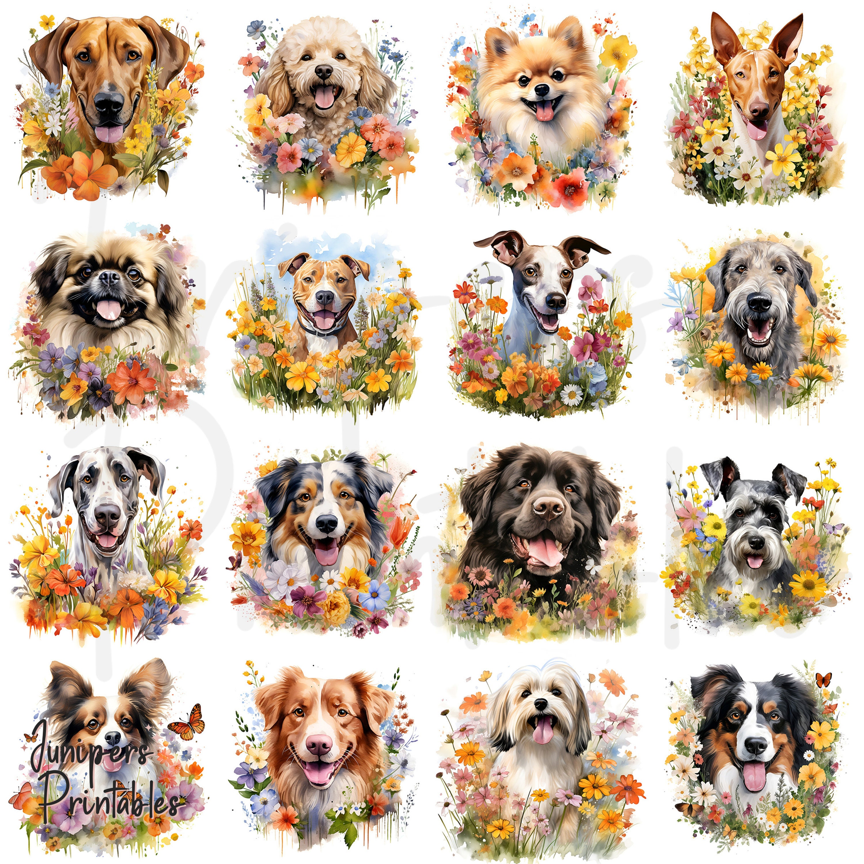 100 Watercolor Dog Breeds With Flowers MEGA BUNDLE Dog - Etsy
