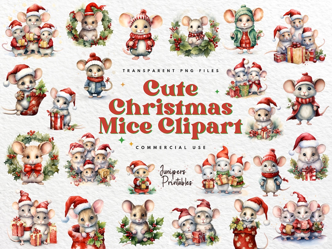 Watercolor Christmas Mice Clipart Bundle 20 High Quality PNG, Cute ...