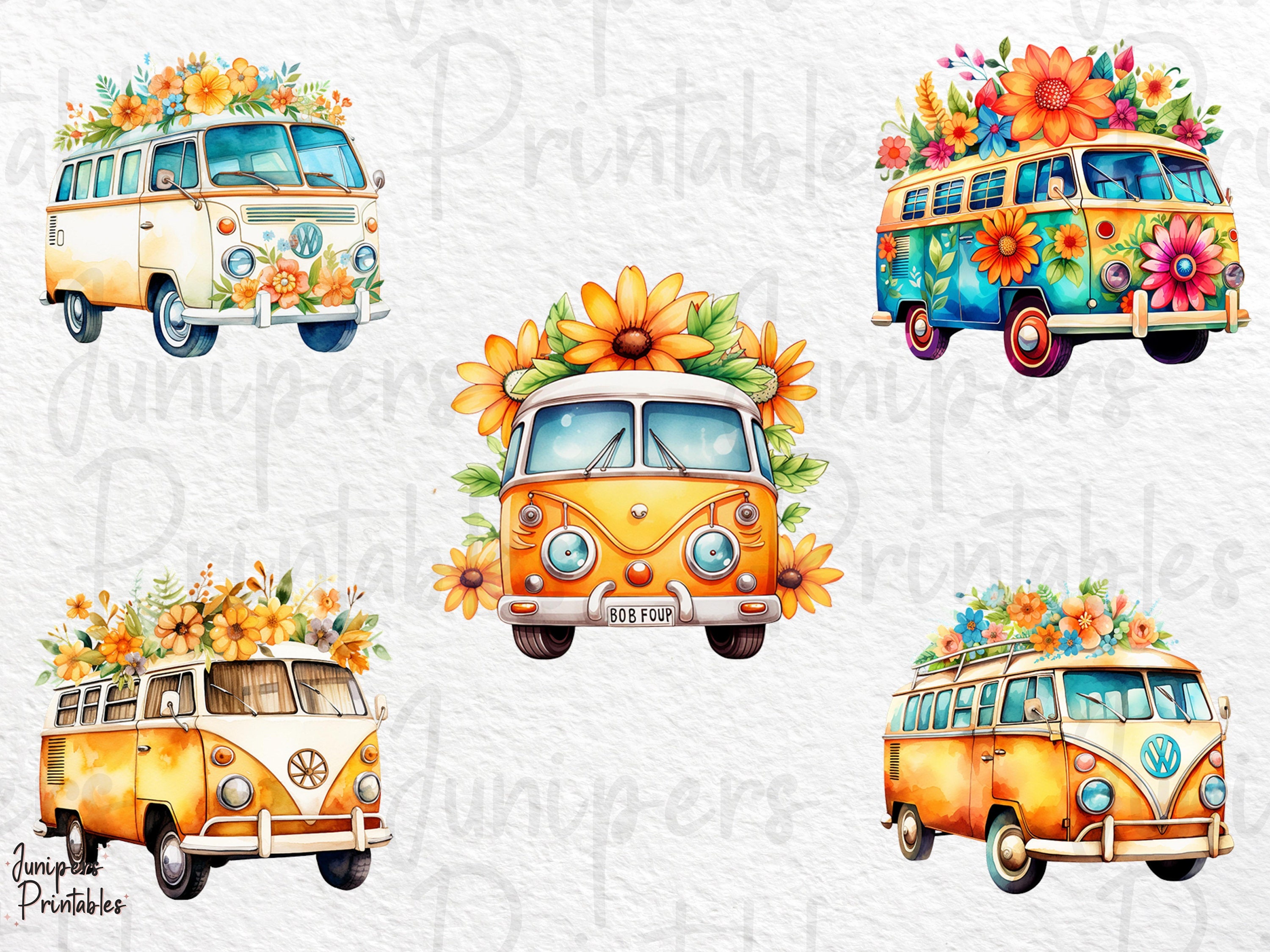 25 Watercolor Vintage Hippie Bus Clipart Bundle, VW Bus Clipart, Flower ...