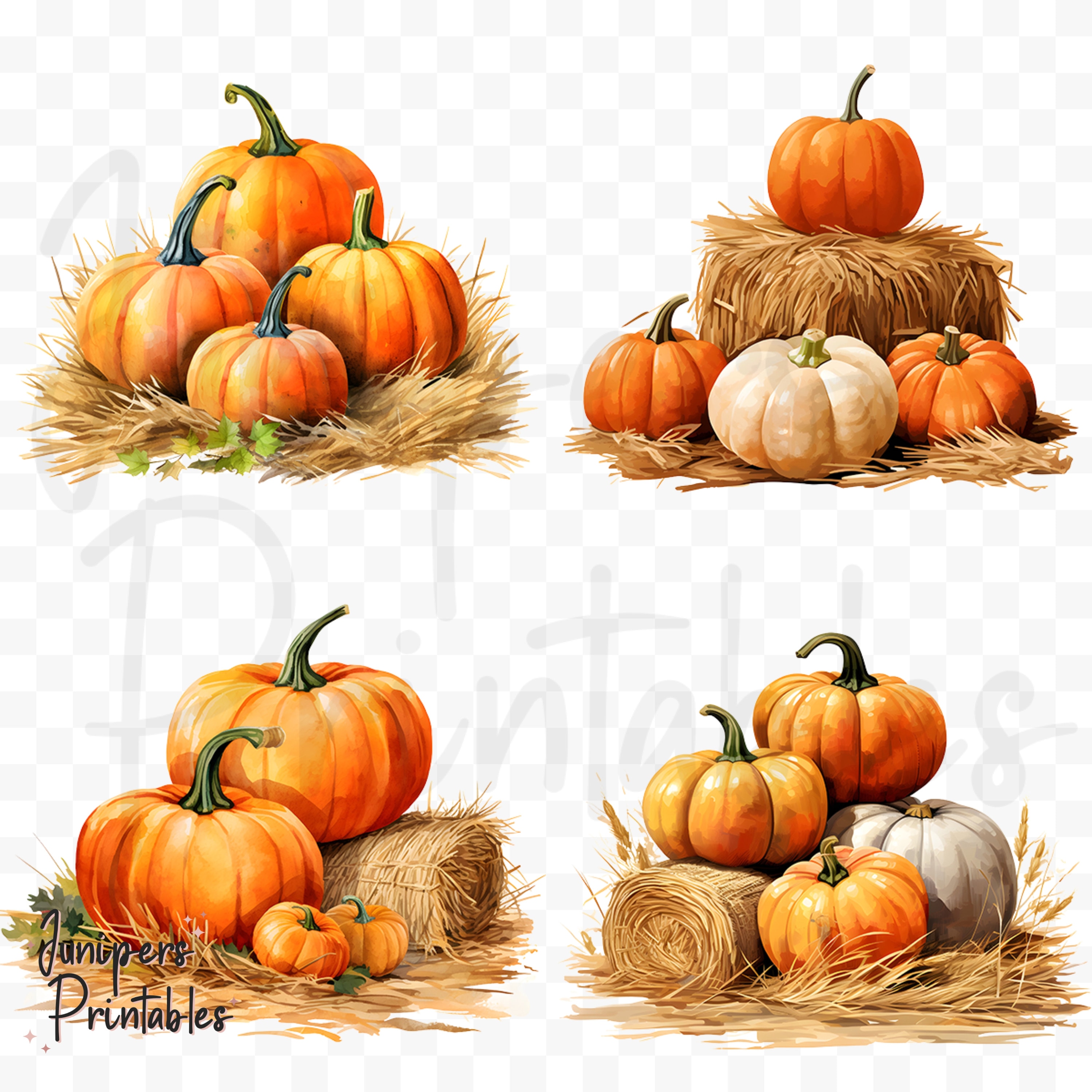 15 Fall Pumpkin & Hay Bale Clipart, High Quality Pngs, Digital Download ...