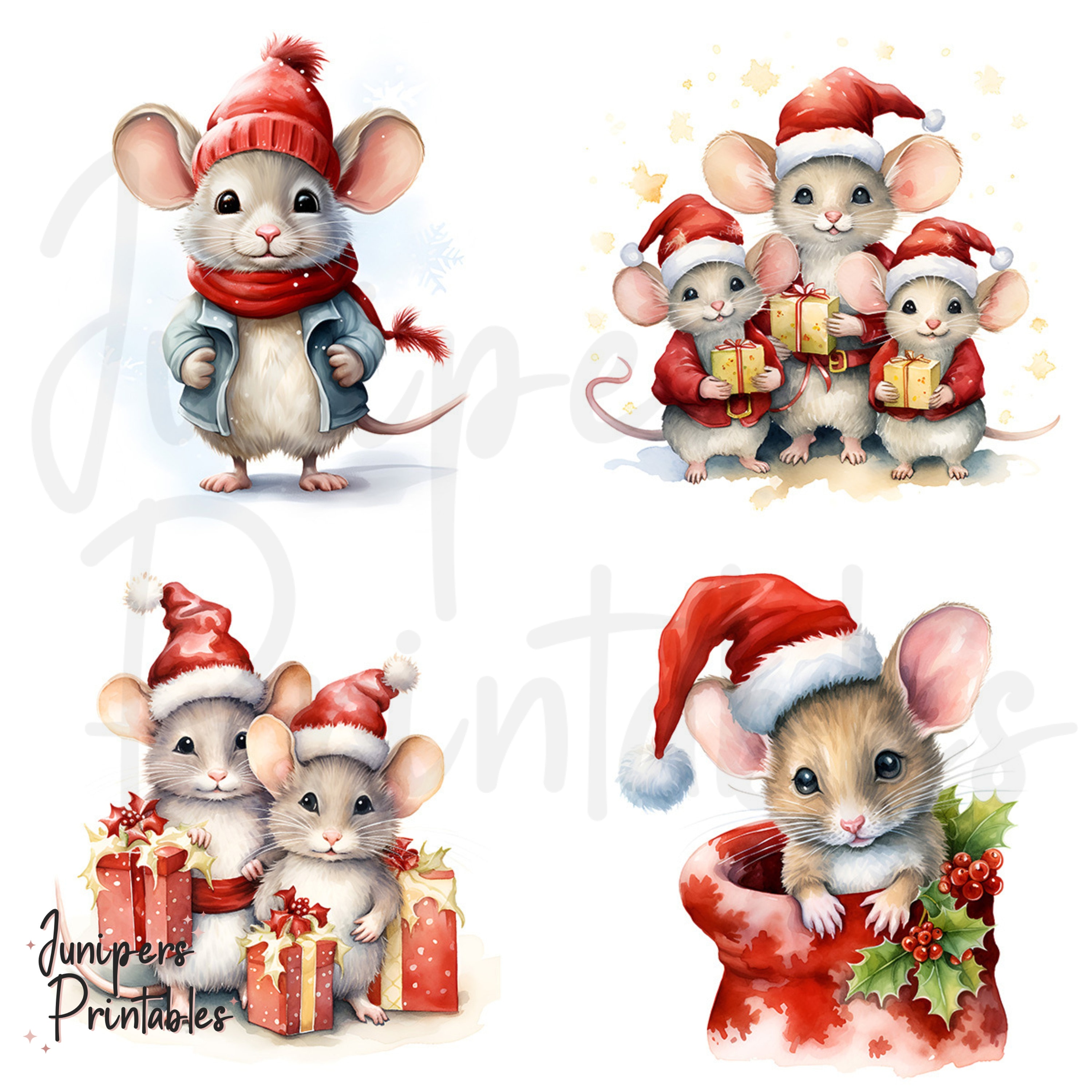 Watercolor Christmas Mice Clipart Bundle Cute Mouse Images - Etsy