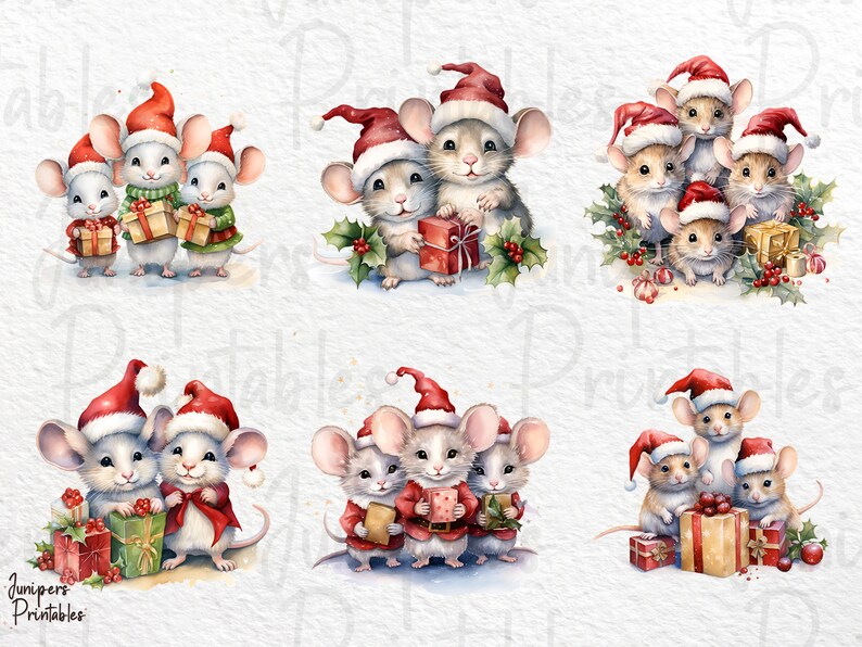 Watercolor Christmas Mice Clipart Bundle 20 High Quality PNG, Cute ...