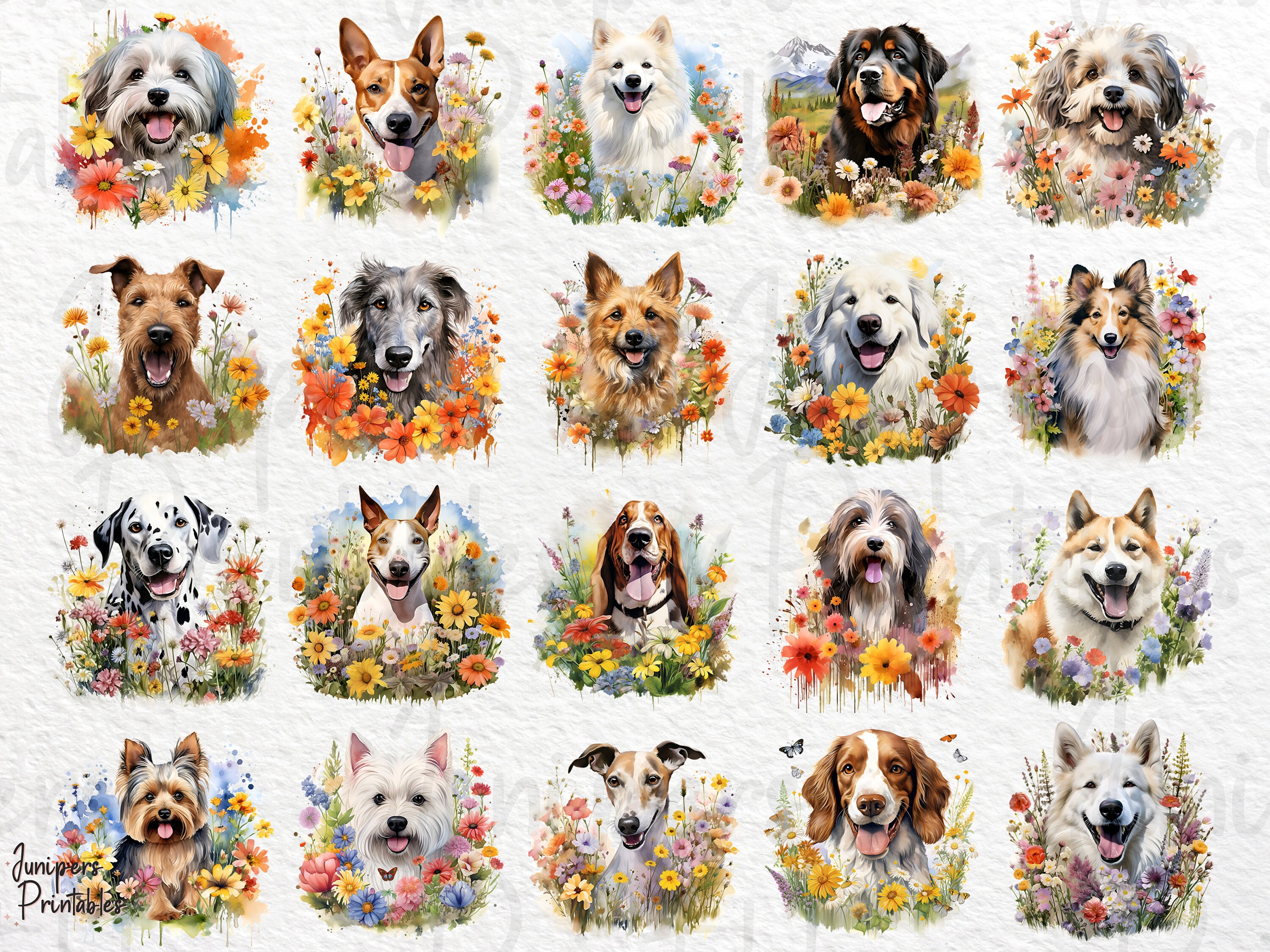 100 Watercolor Dog Breeds With Flowers MEGA BUNDLE High Quality PNG 300 ...