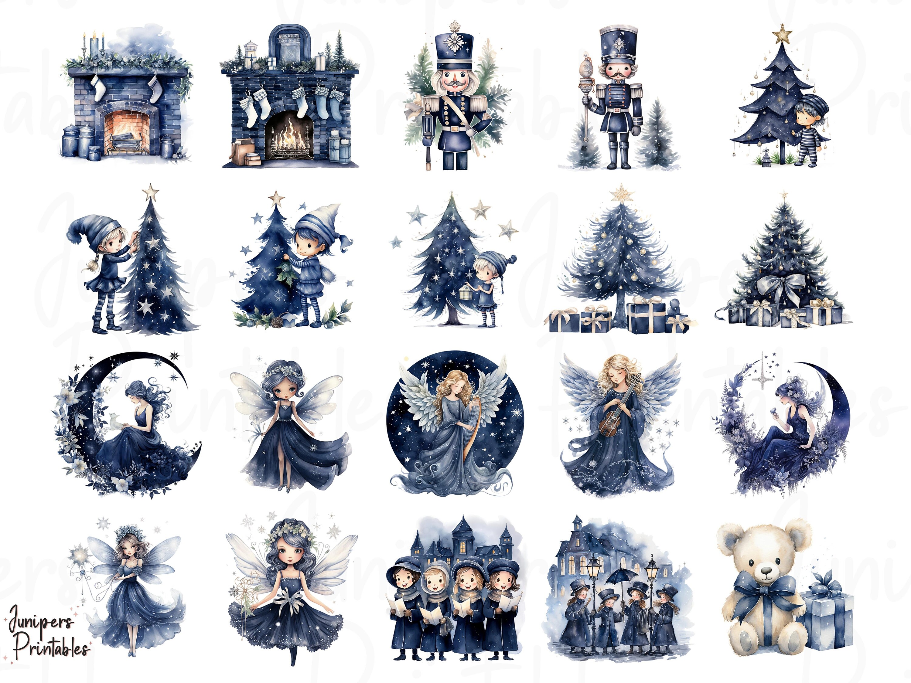 Retro Navy Blue Christmas Clipart Bundle, 115 High Quality Transparent ...