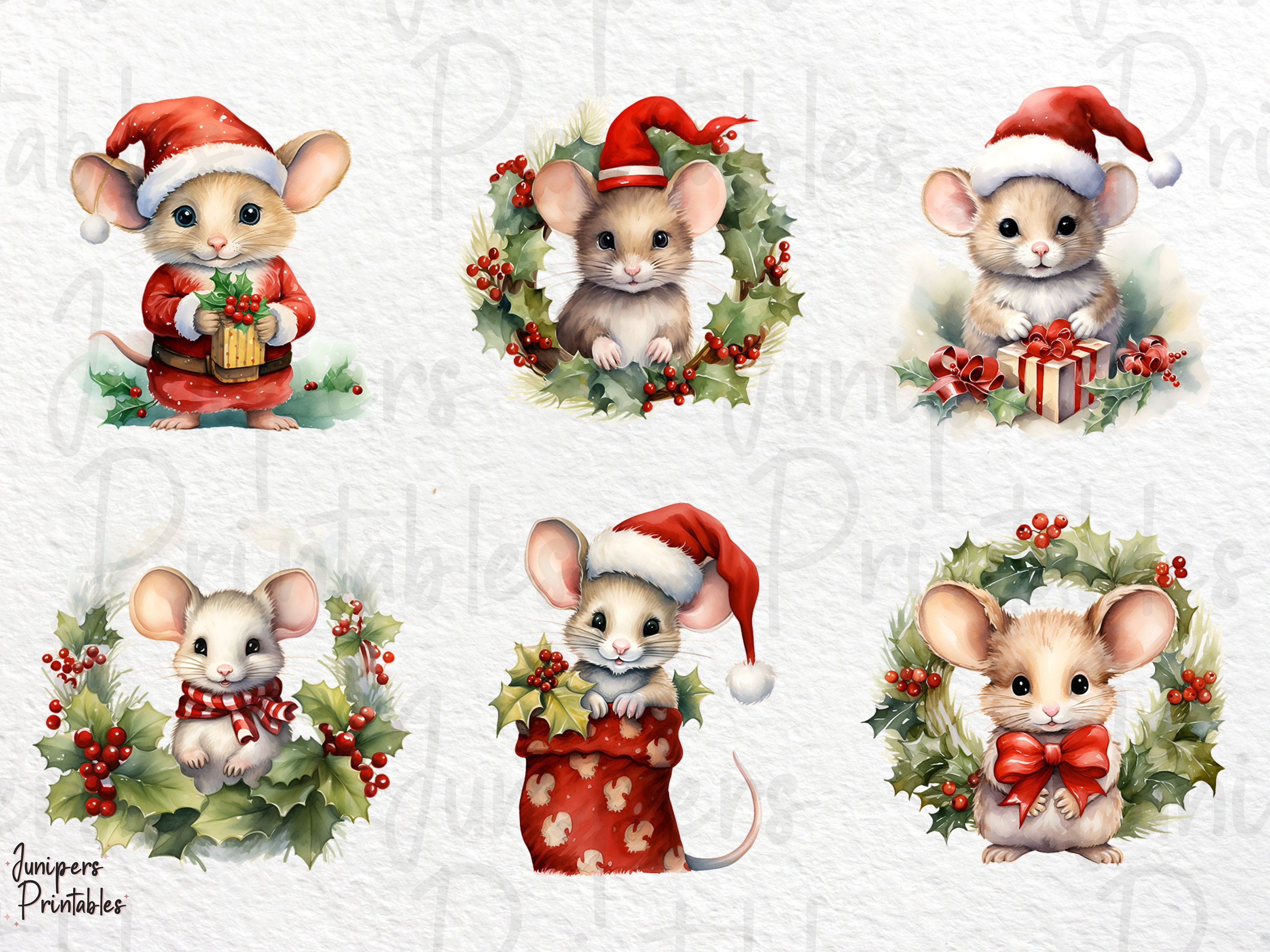 Watercolor Christmas Mice Clipart Bundle 20 High Quality PNG, Cute ...
