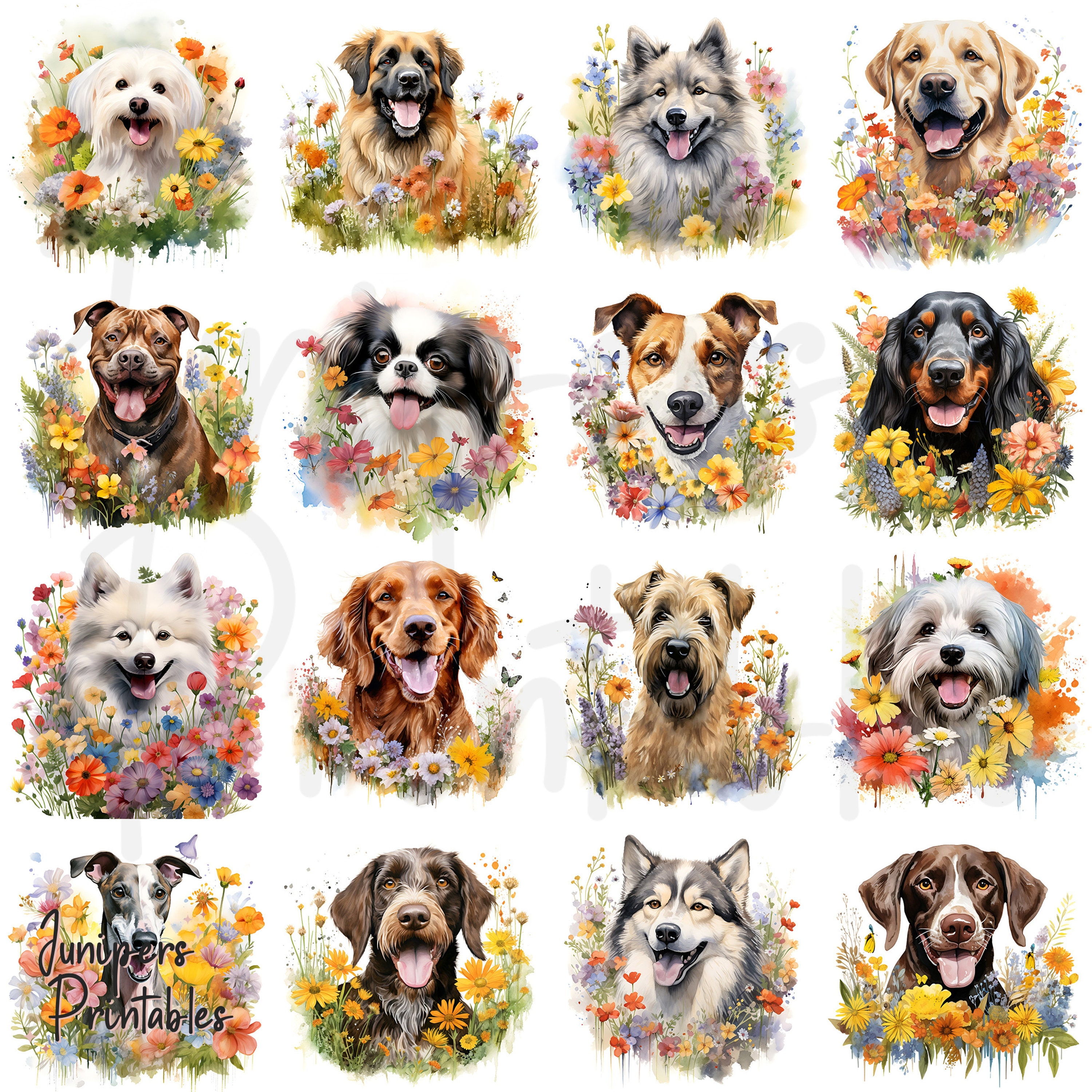 100 Watercolor Dog Breeds With Flowers MEGA BUNDLE Dog Images 100 High ...