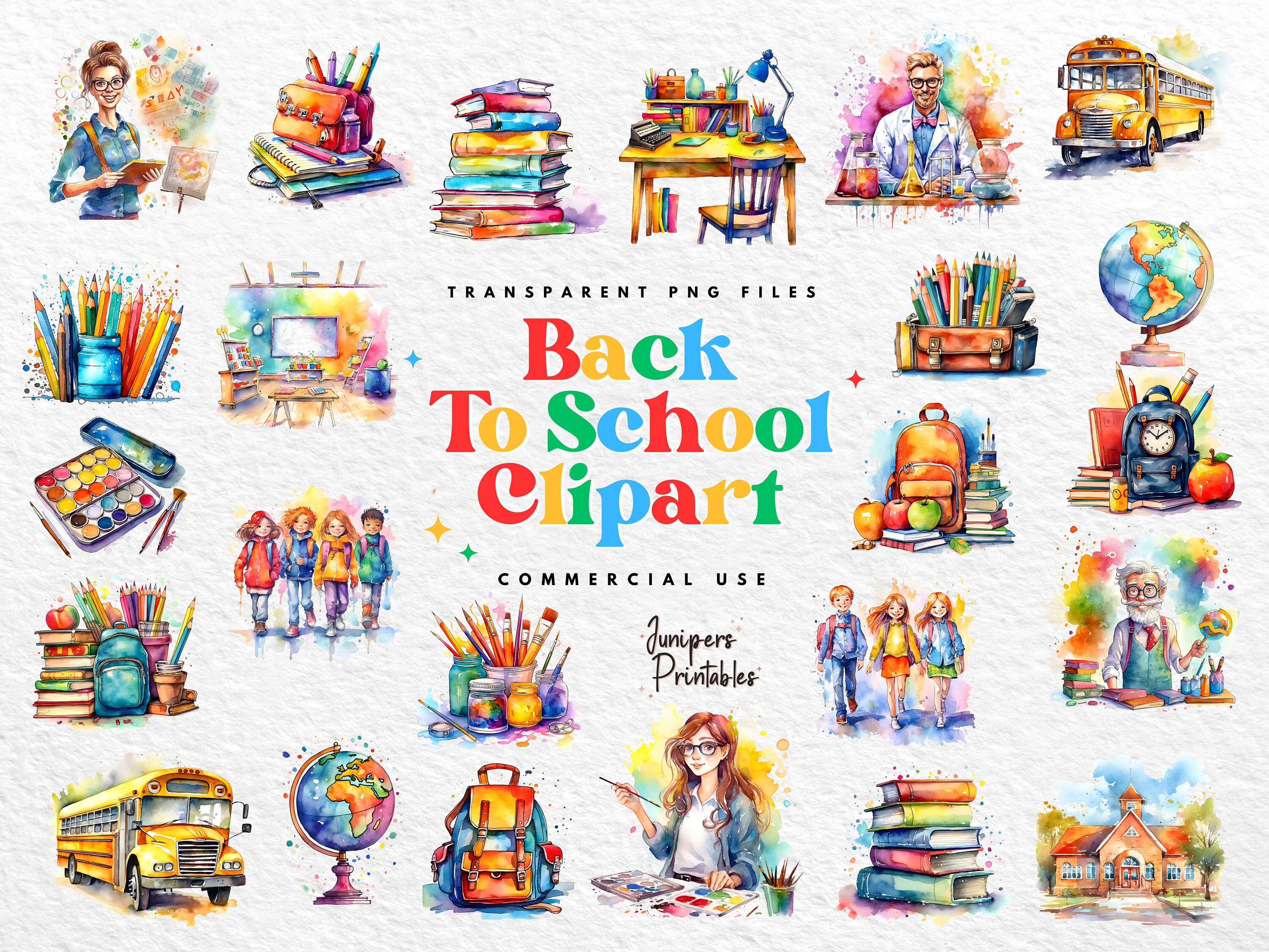 Watercolor School Clipart Back to School Clipart School - Etsy