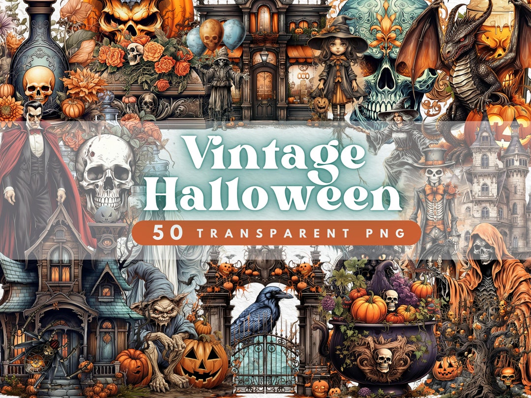 Vintage Halloween Clipart Bundle, 50 High Quality Transparent PNG for ...