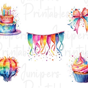 Rainbow Birthday Party Clipart Bundle, 25 High Quality Transparent PNG ...