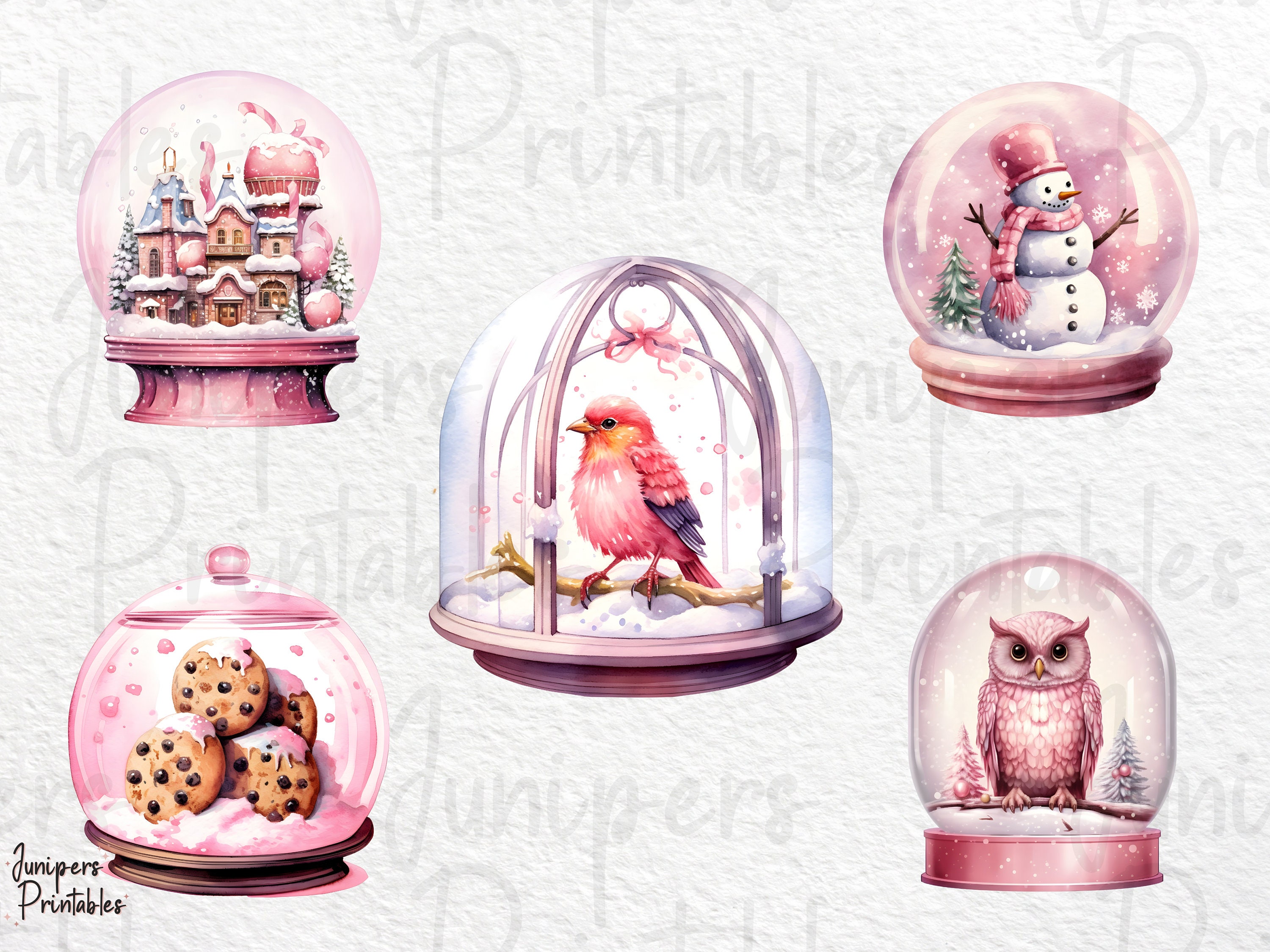 20 Pink Christmas Snow Globe Clipart, Cute Watercolor Holiday Clipart ...