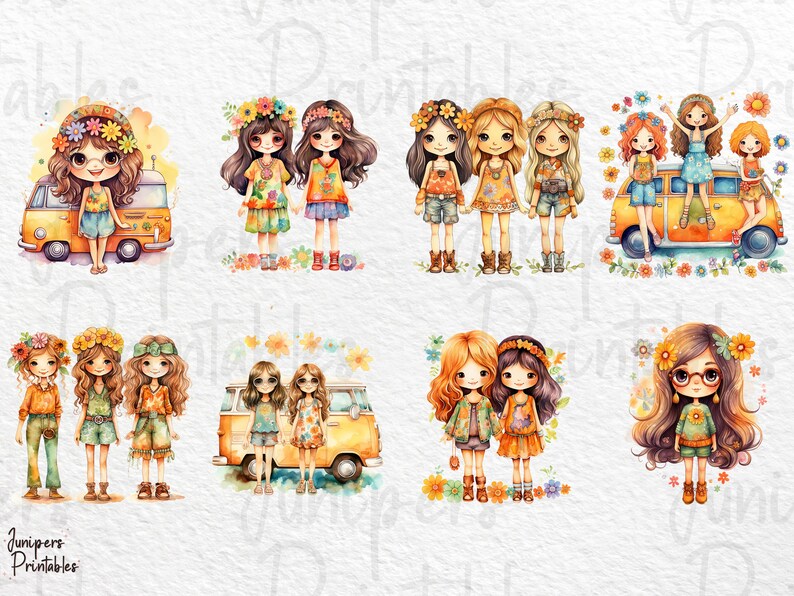 32 Watercolor Hippie Girls, PNG Clipart Bundle, Hippie Chicks Clipart ...