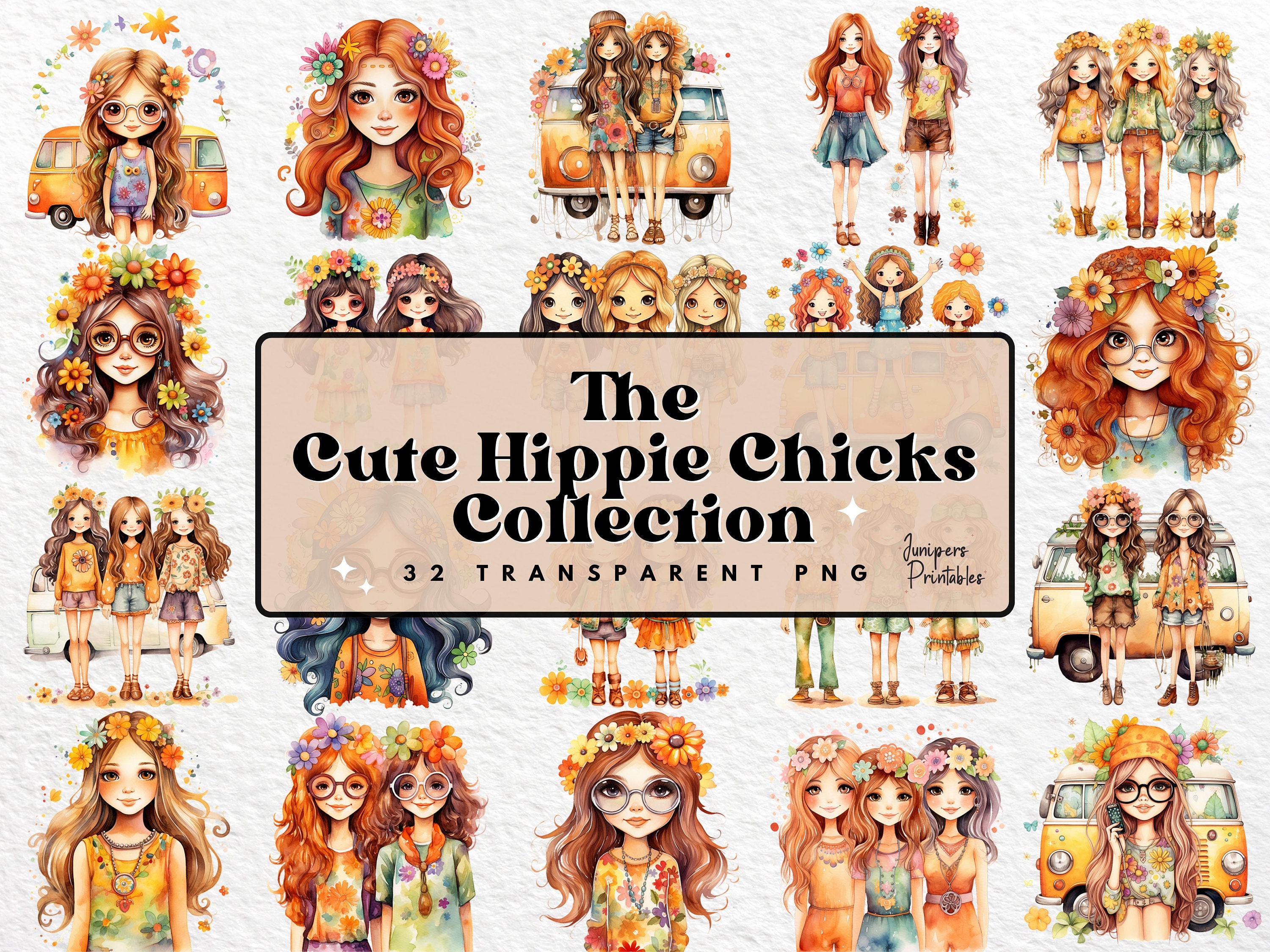 32 Watercolor Hippie Girls, PNG Clipart Bundle, Hippie Chicks Clipart ...