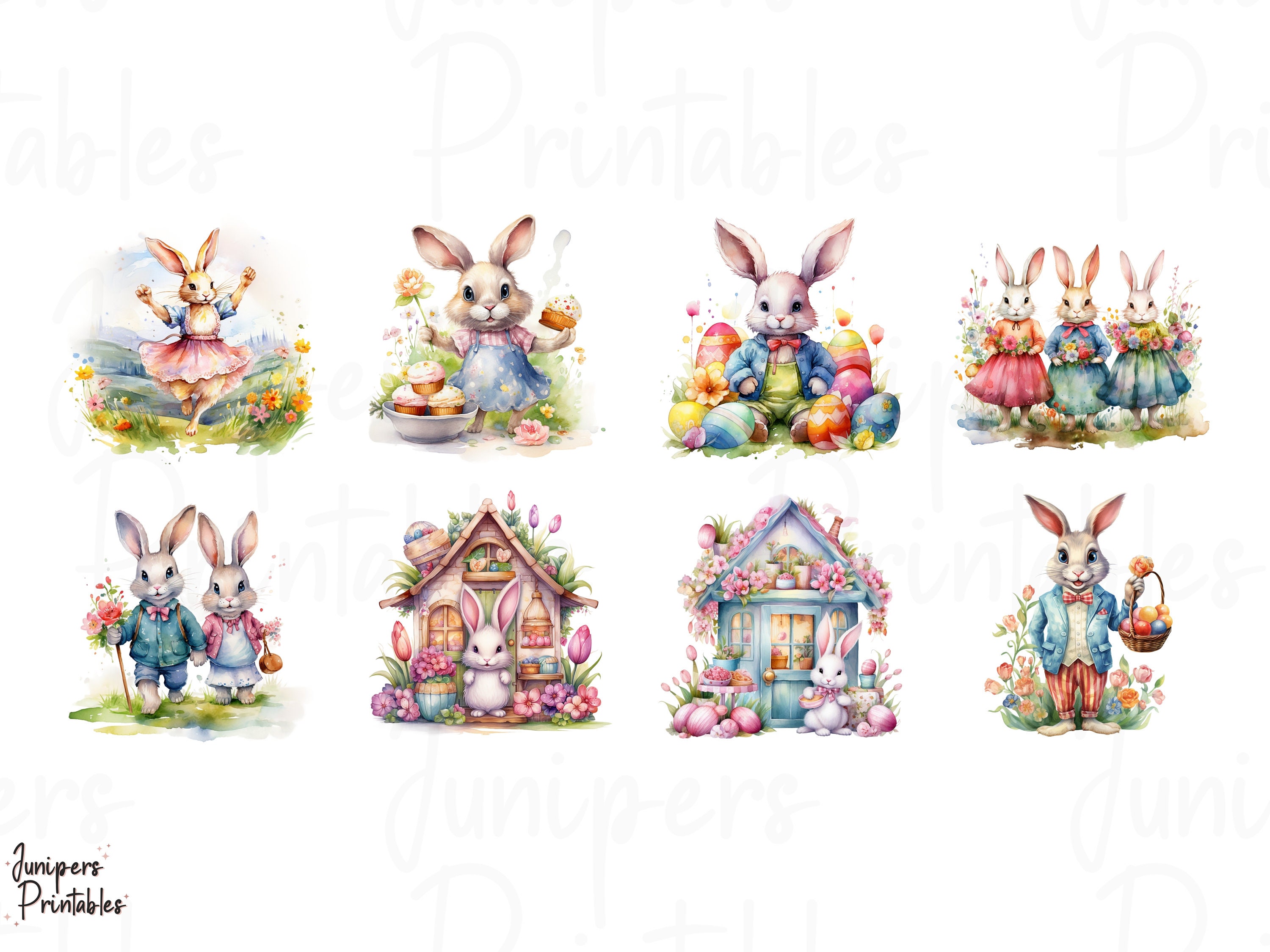 Watercolor Easter Clipart Bundle, Spring Clipart, Easter Bunny Clipart ...