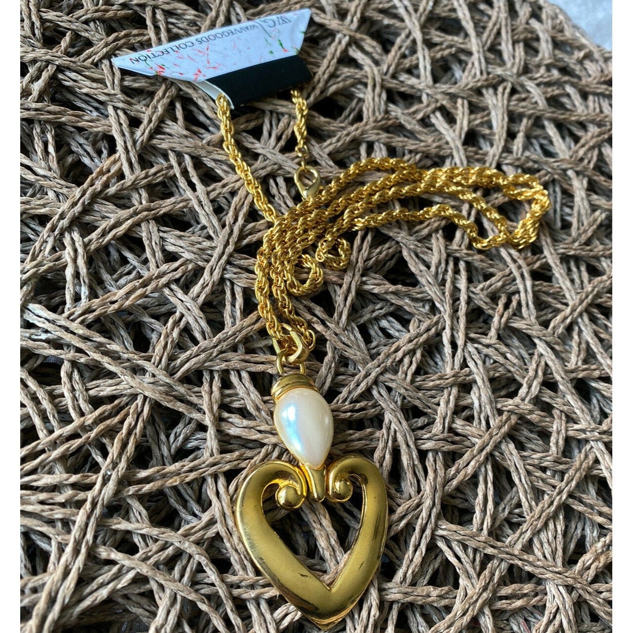 Rare Vintage Ralph Lauren Pearl Heart Pendant Chain RLL Necklace Gold ...