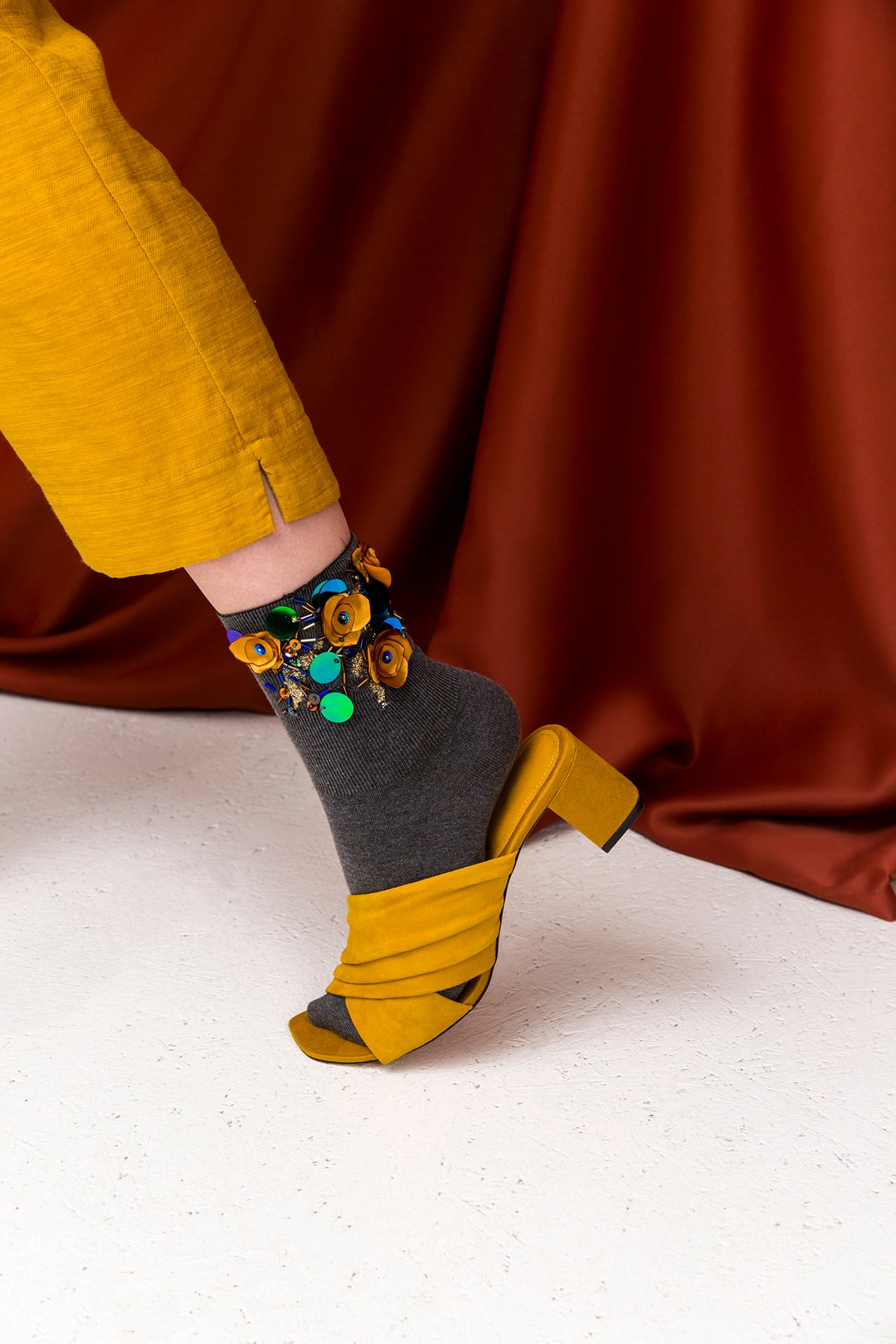 Grey Cashmere Embellished Socks Yellow Poppyseed - Etsy