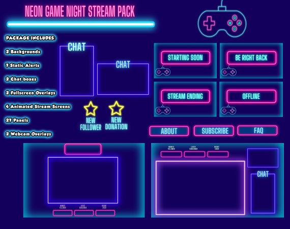 SEMI-ANIMATED Neon Game Night Stream Package Twitch Overlay | Etsy