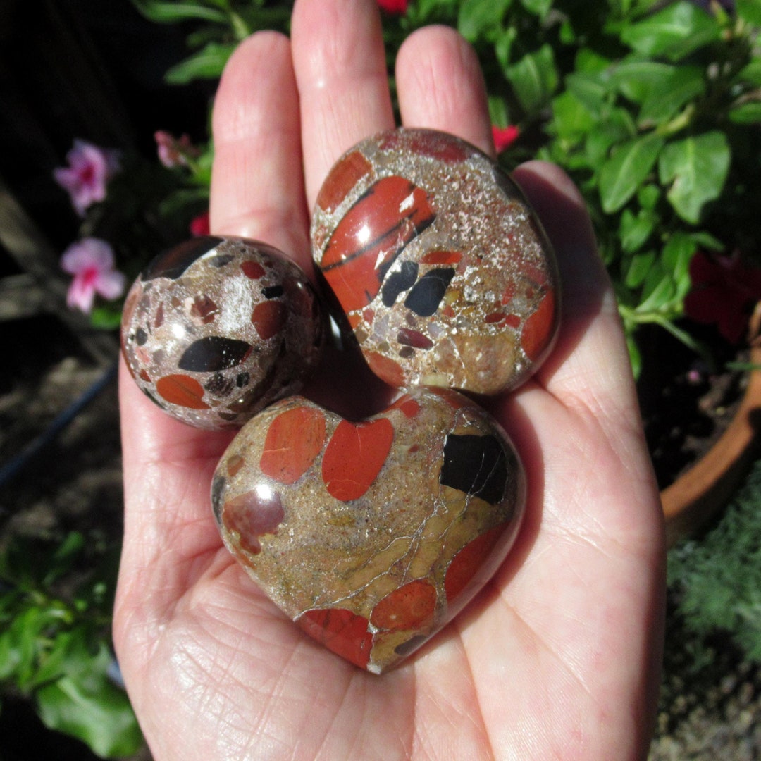 Red Jasper Pudding Stone, Set of Palm Stone Heart and Sphere, Natural ...