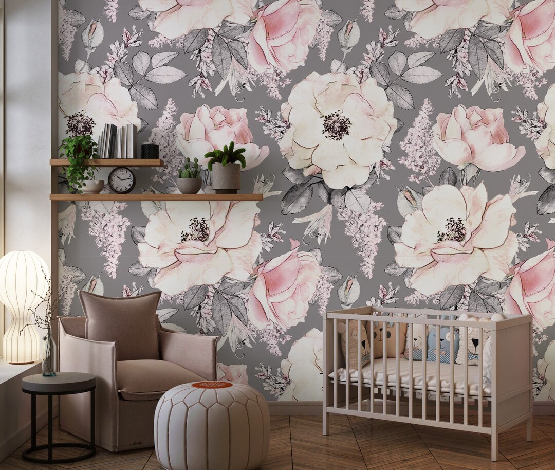 Dusty Rose Wallpaper, Vintage, Floral, Nursery, Wallpaper, Watercolor ...