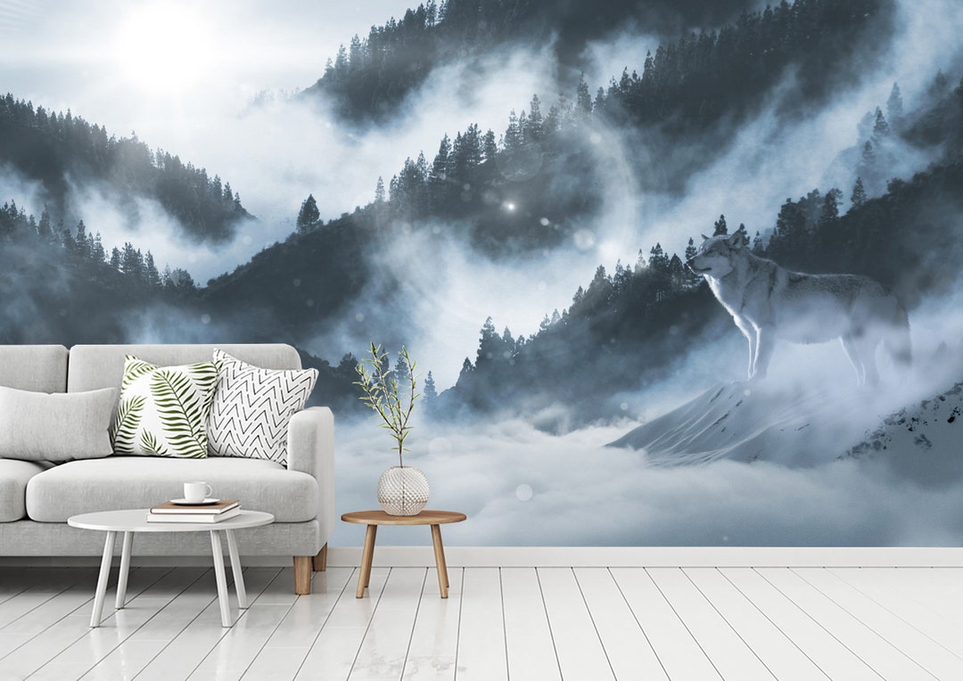 Wolf Wall Mural Peel and Stick Removable Wallpaper Arctic Wolf in Foggy ...