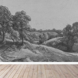 Countryside Wall Mural, Removable Wallpaper, Drawing Wallpaper, Vintage ...