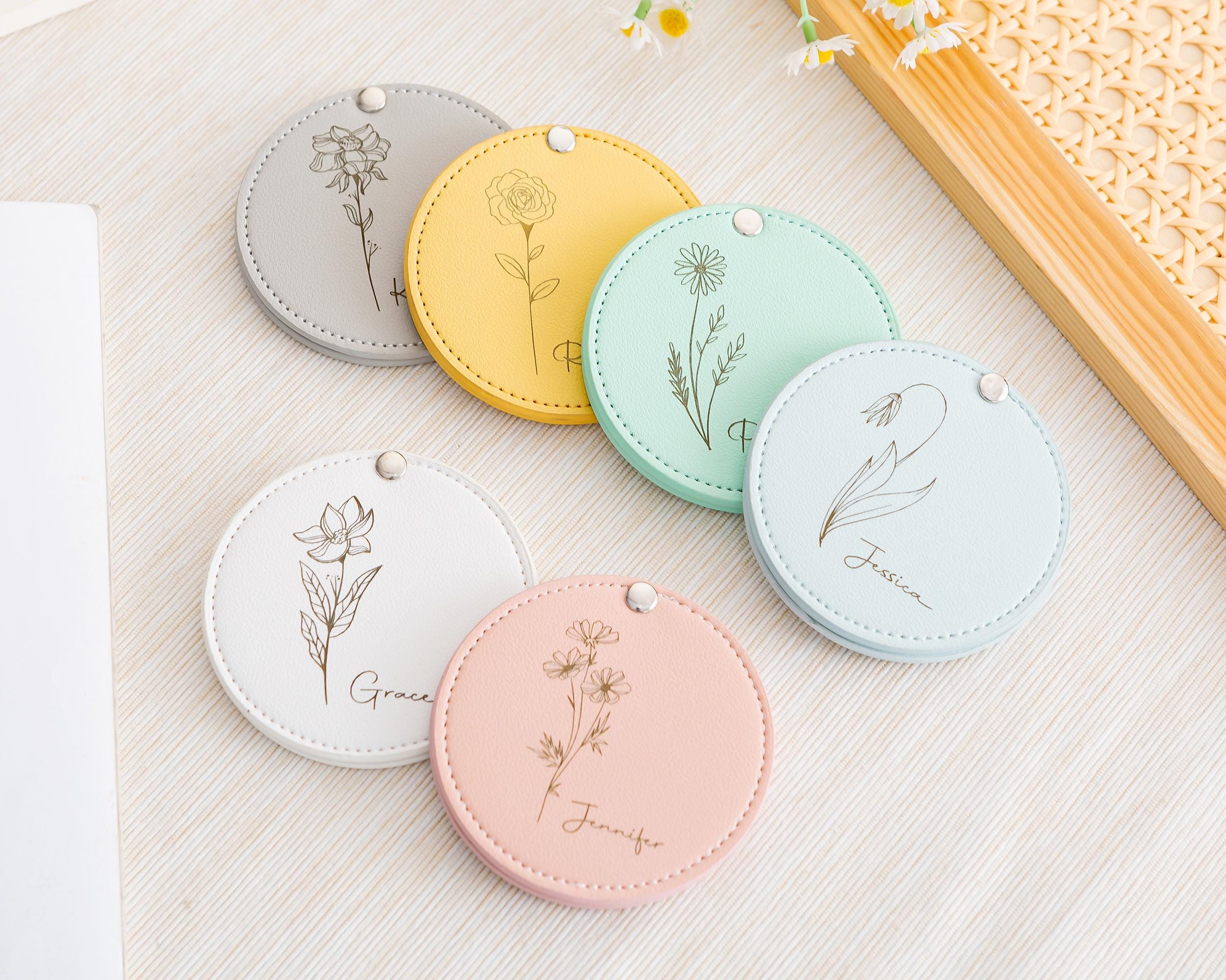 Custom Pocket Mirror,leather Compact Mirror,birth Flower Mirror ...