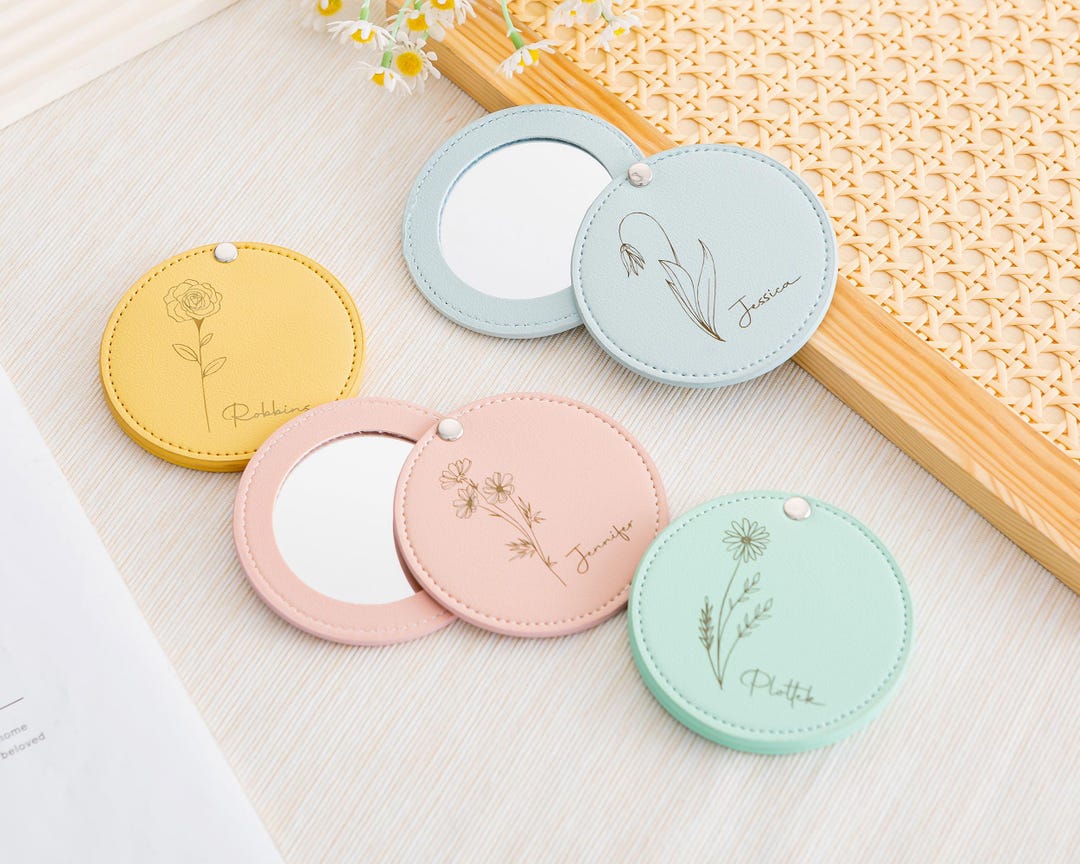Custom Pocket Mirror,leather Compact Mirror,birth Flower Mirror ...