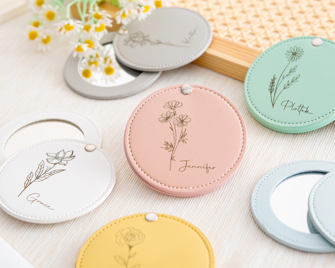 Custom Pocket Mirror,leather Compact Mirror,birth Flower Mirror ...